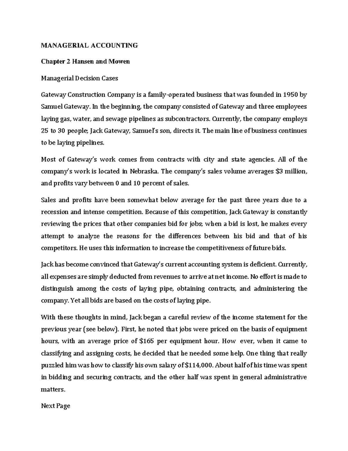 Managerial Accounting Problem Cases Chapter 2 - MANAGERIAL ACCOUNTING ...