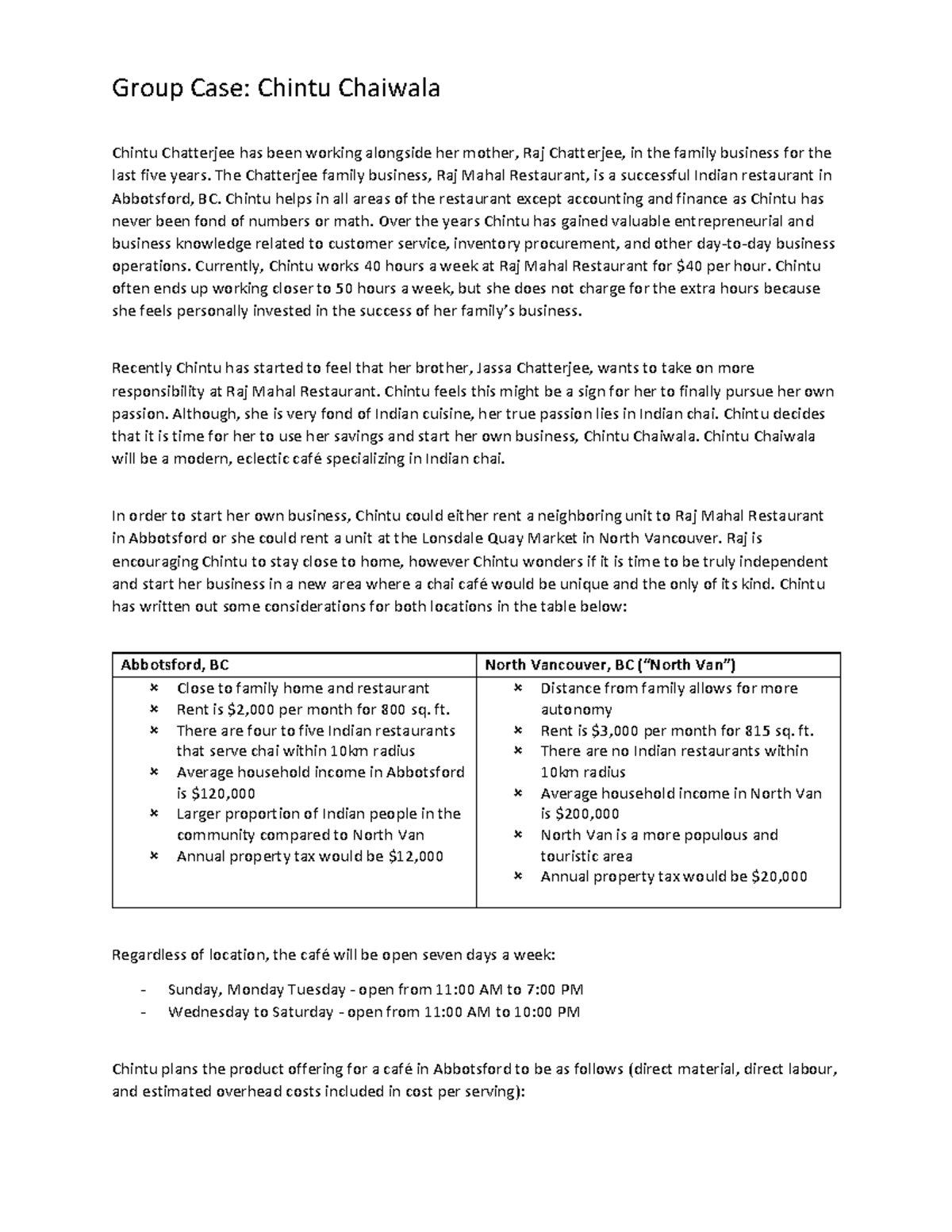 Chintu Chaiwala - Assignment Help - Group Case: Chintu Chaiwala Chintu ...