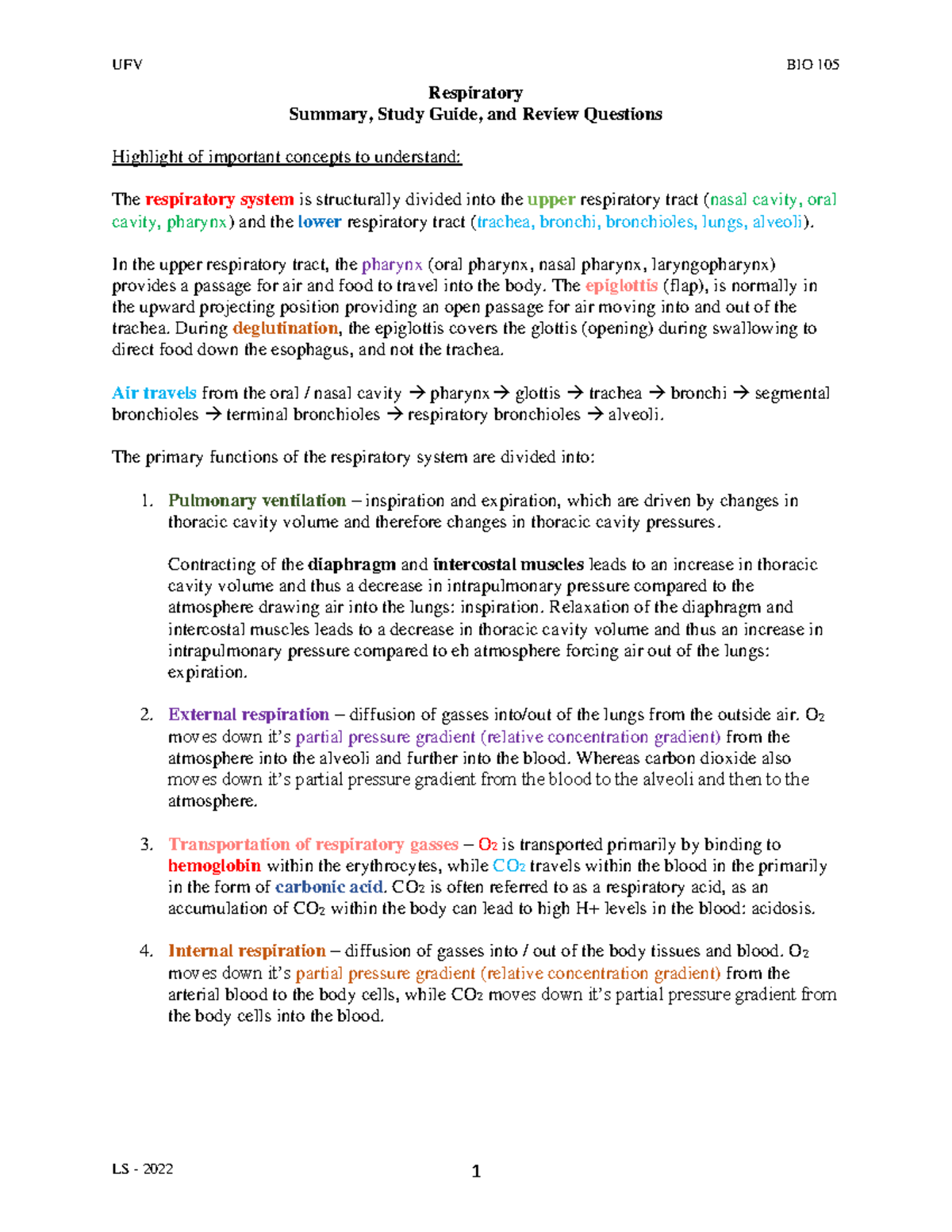 BIO 105 Module 5 Respiratory System Summary and Review Answers ...