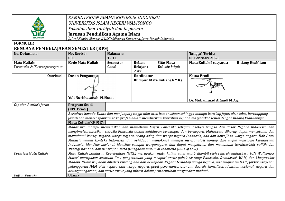 RPS PPKN KELAS ABC - KEMENTERIAN AGAMA REPUBLIK INDONESIA UNIVERSITAS ISLAM NEGERI WALISONGO ...