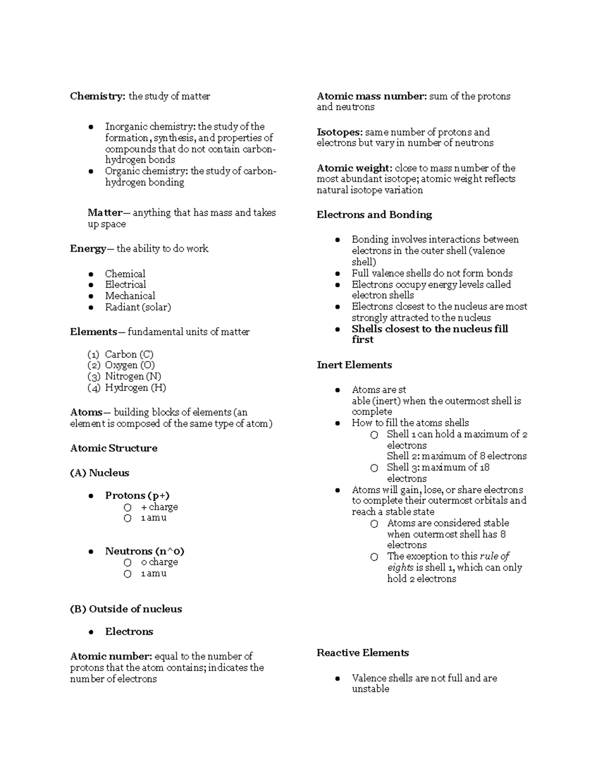 Chapter 2 Chemistry - notes - Chemistry: the study of matter Inorganic ...