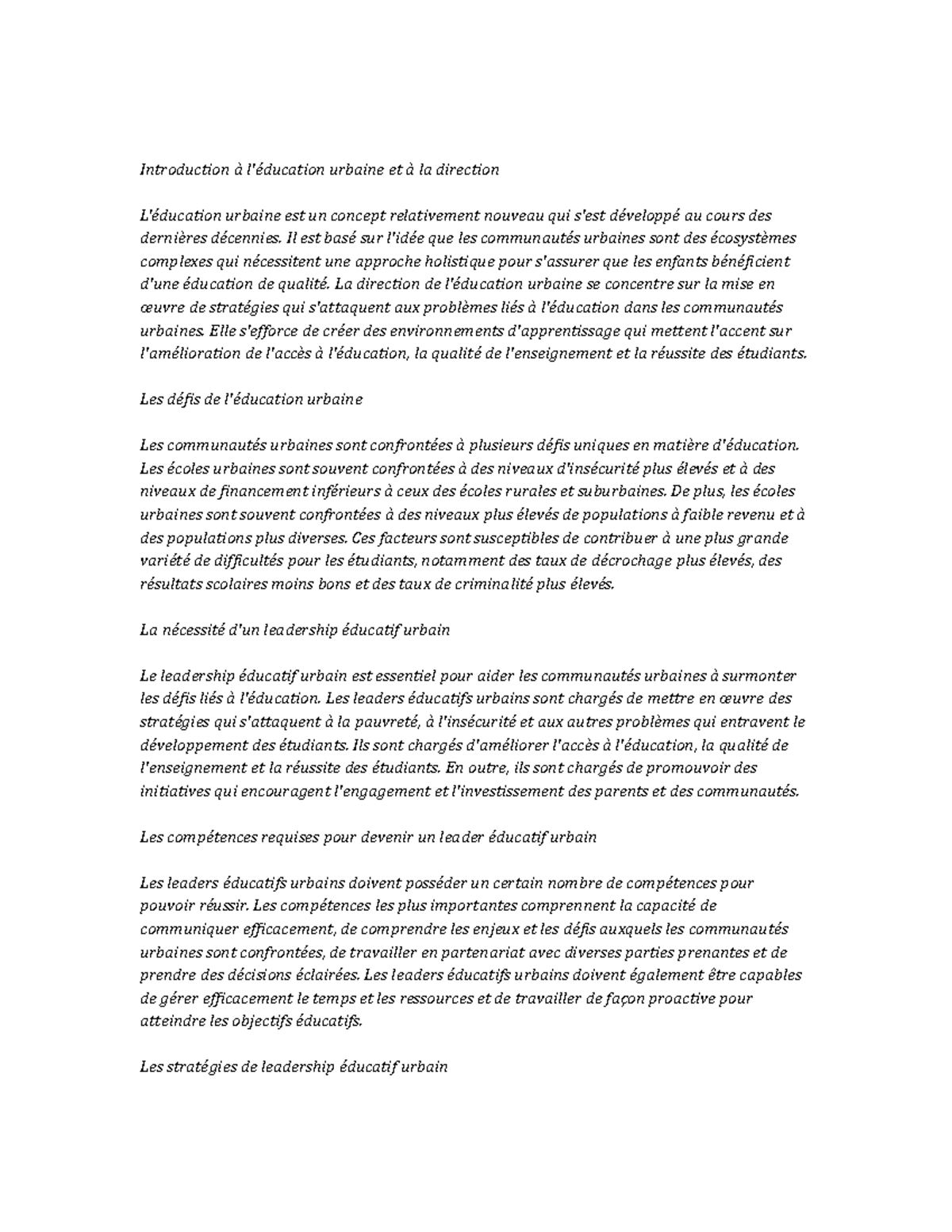 Urban Education Leadership Study Notes - Introduction à l'éducation ...