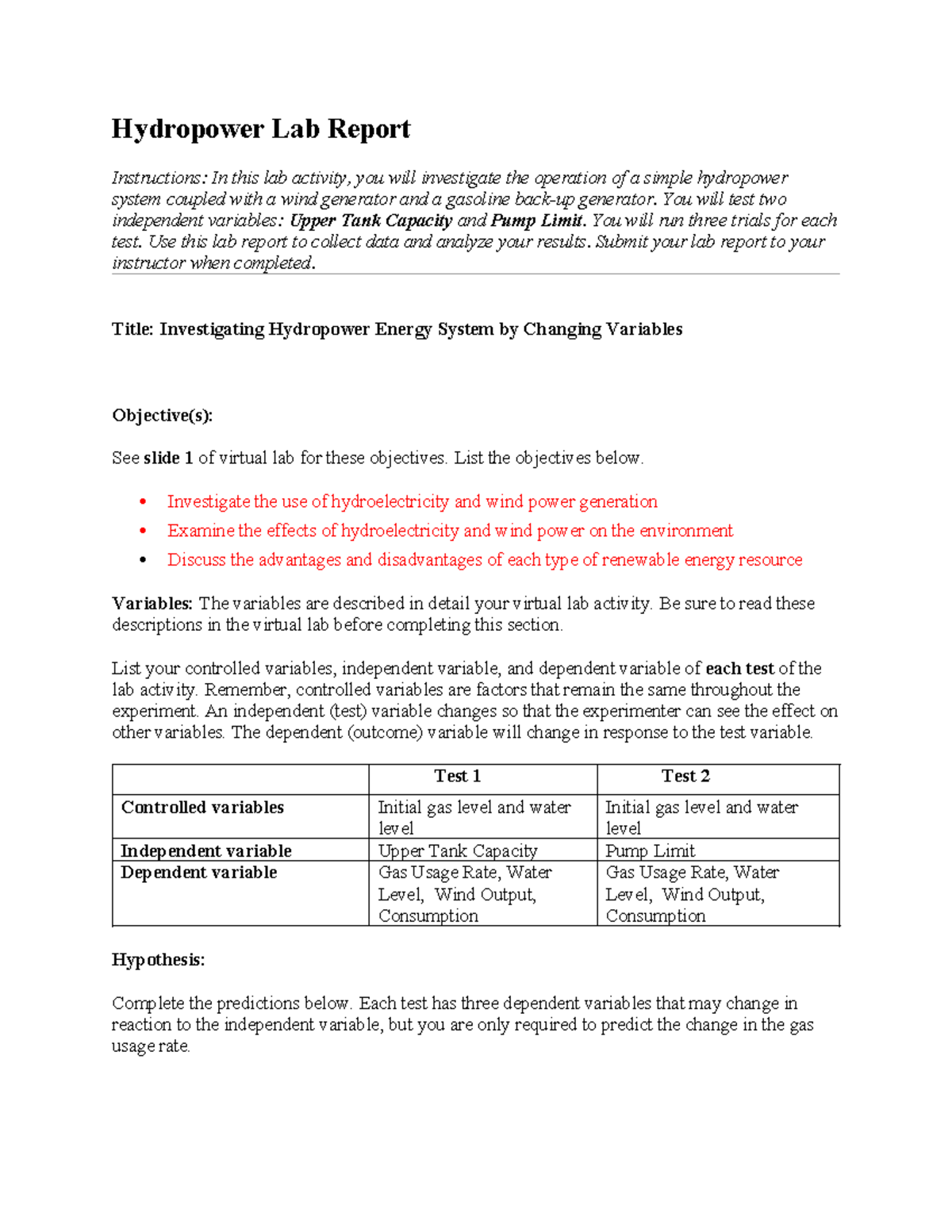Hydropower lab report - Hydropower Lab Report Instructions: In this lab activity, you will - Studocu