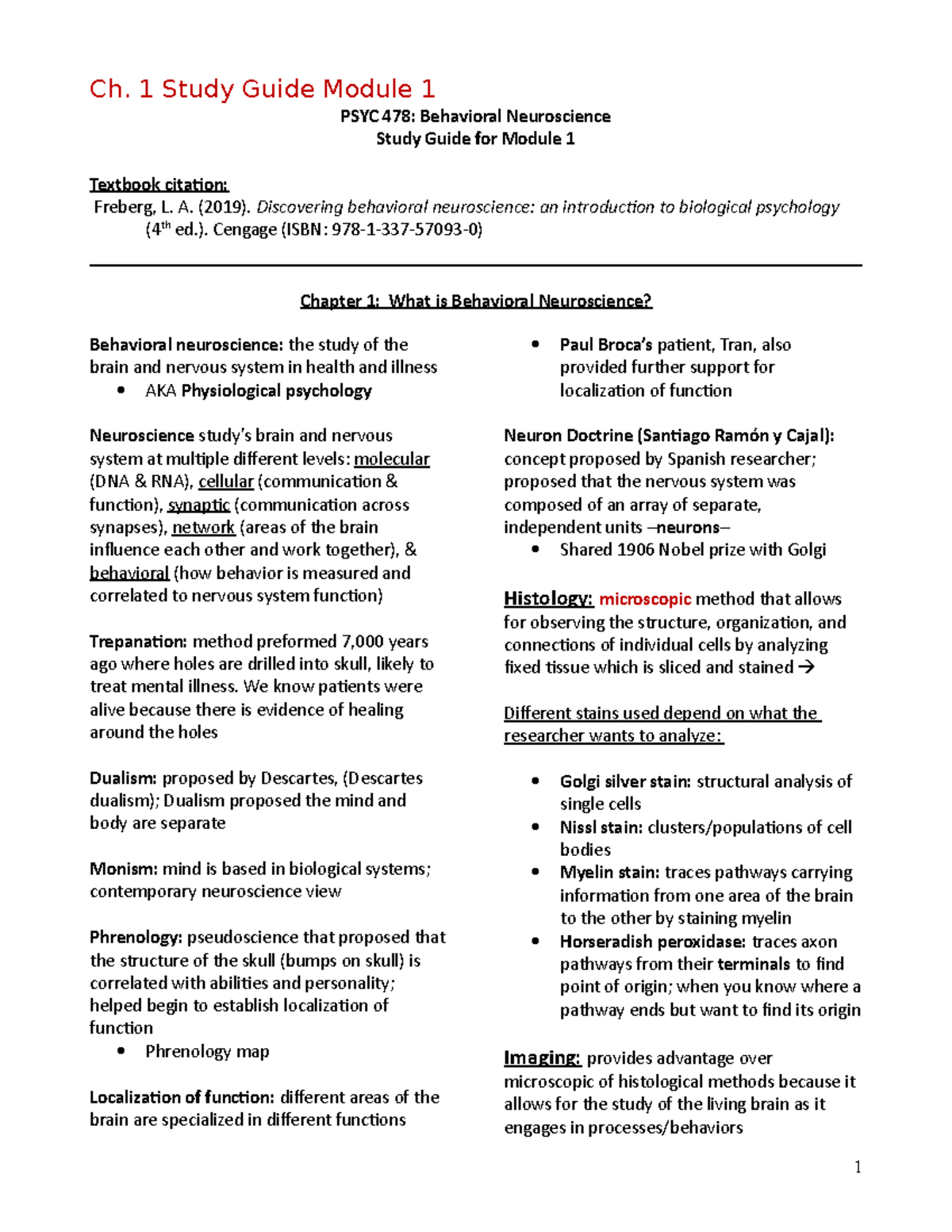 Behavioral Neuroscience Study Guide- Freburg, Ch. 1 - PSYC 478 ...