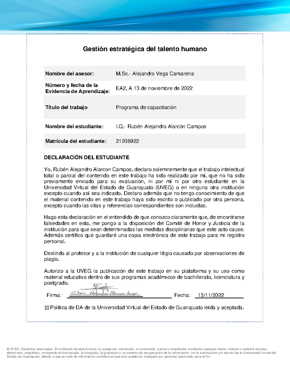 EA2 Alarcón Campos Rubén Programa de capacitación - © UVEG. Derechos reservados. El contenido de ...