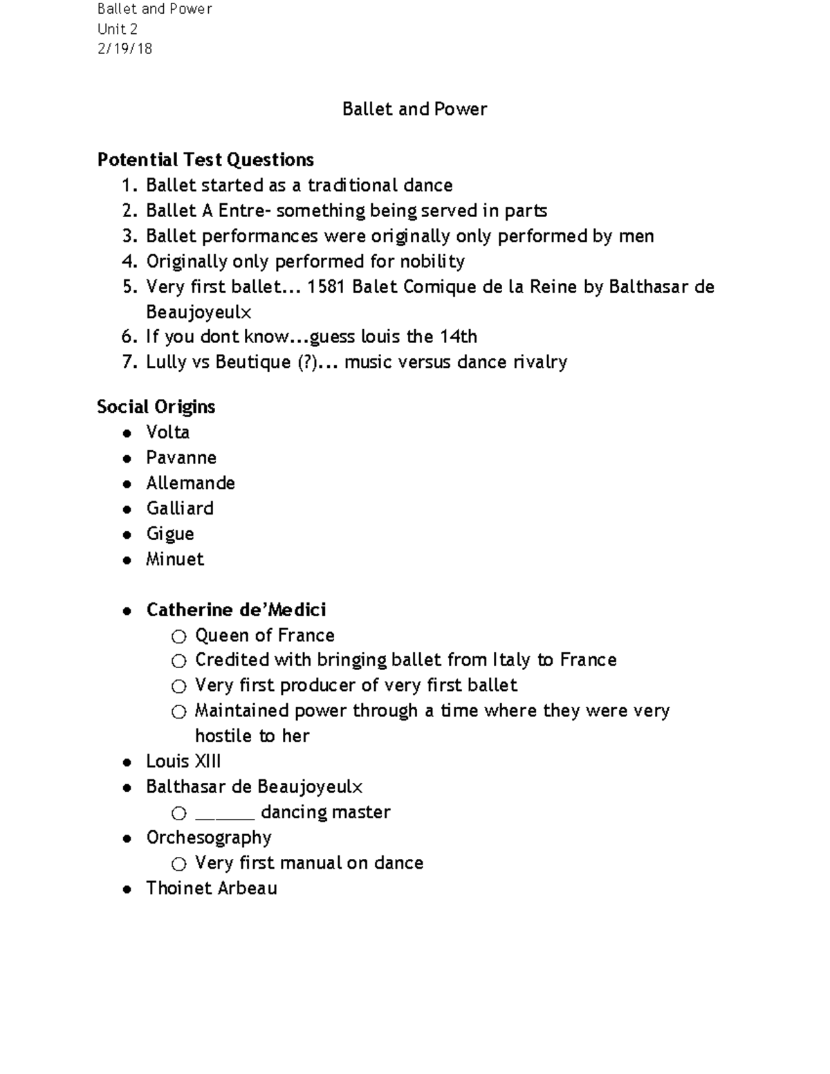 Ballet and Power - Lecture notes 7 - Ballet and Power Unit 2 Ballet and ...