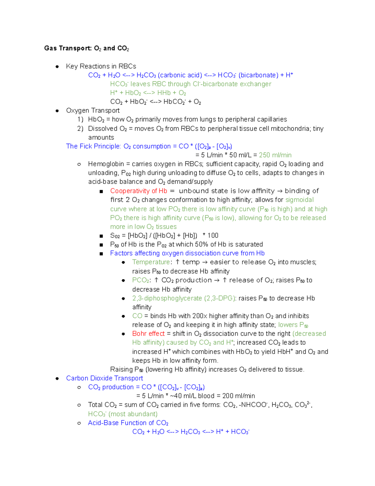 Gas Transport - Summary Study Notes - Gas Transport: O 2 and CO 2 Key ...