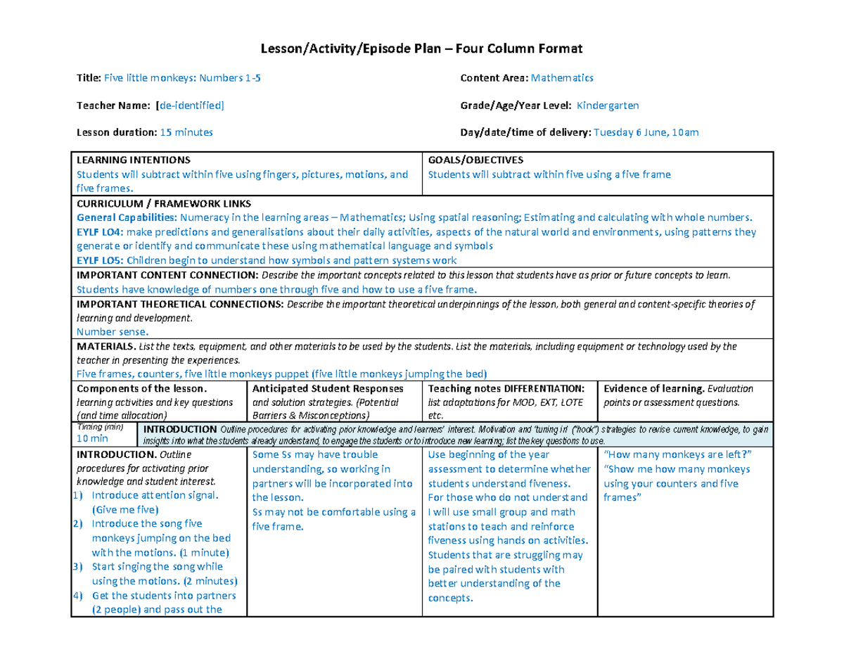 4c lesson plan example - Lesson/Activity/Episode Plan – Four Column ...