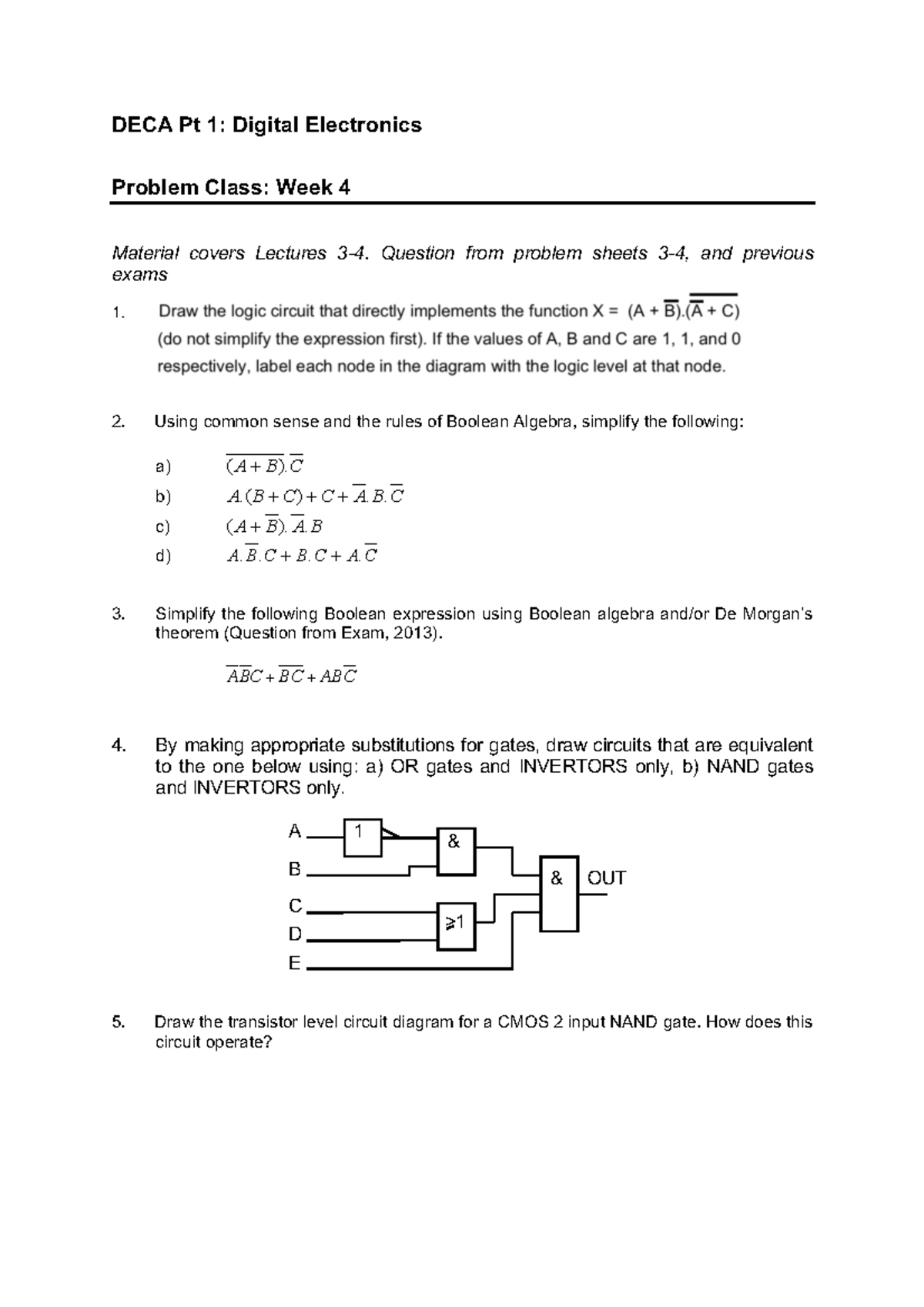 Problem classes 3-4 (Week 4) - DECA Pt 1: Digital Electronics Problem Class: Week 4 Material ...