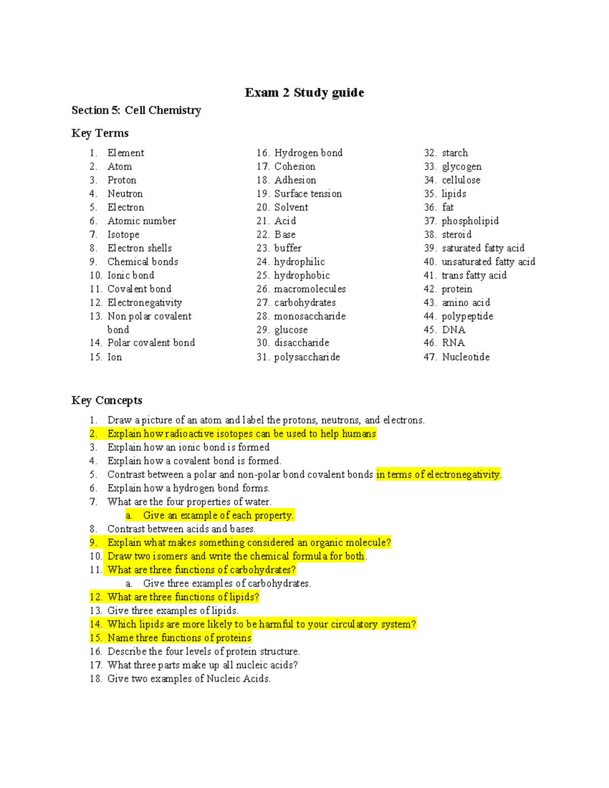 Exam 2 Study Guide - Exam 2 Study guide Section 5: Cell Chemistry Key ...
