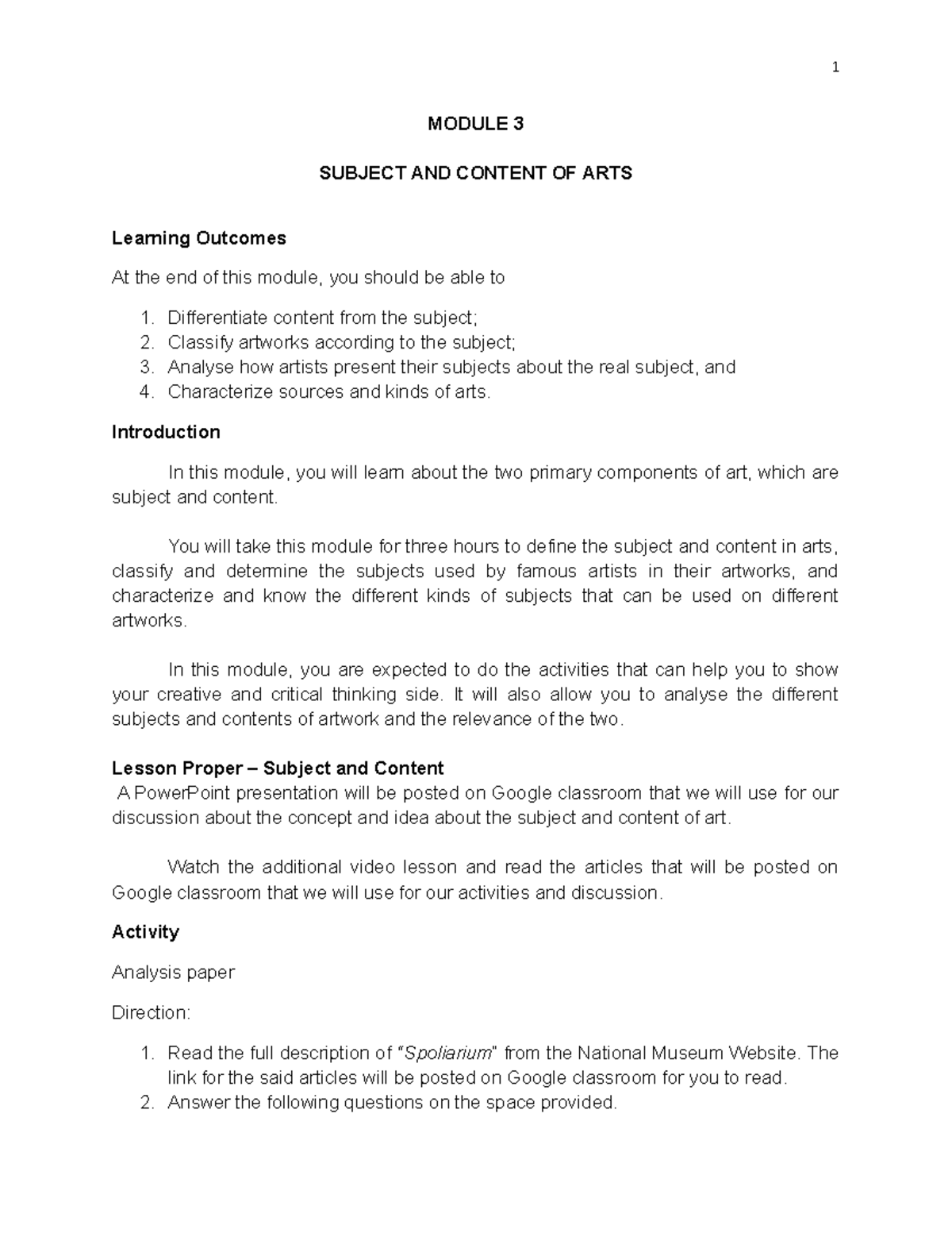 Module-3 edited - MODULE 3 SUBJECT AND CONTENT OF ARTS Learning ...