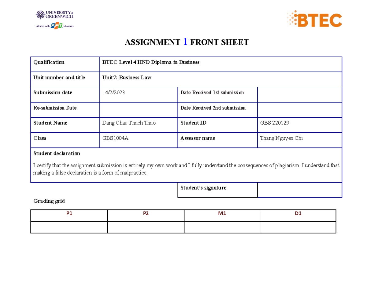 1.(736)- Frontsheet 1-Assignment 1-01319 - ASSIGNMENT 1 FRONT SHEET Qualification BTEC Level 4 ...