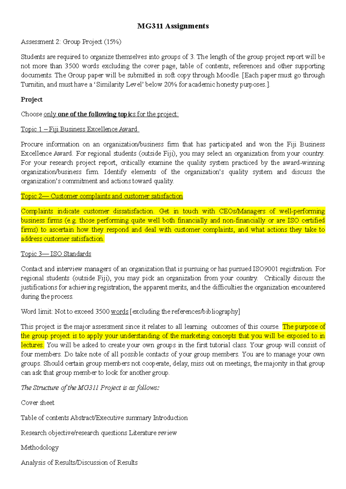 MG311 Assignments - This is the assignment question for the course ...