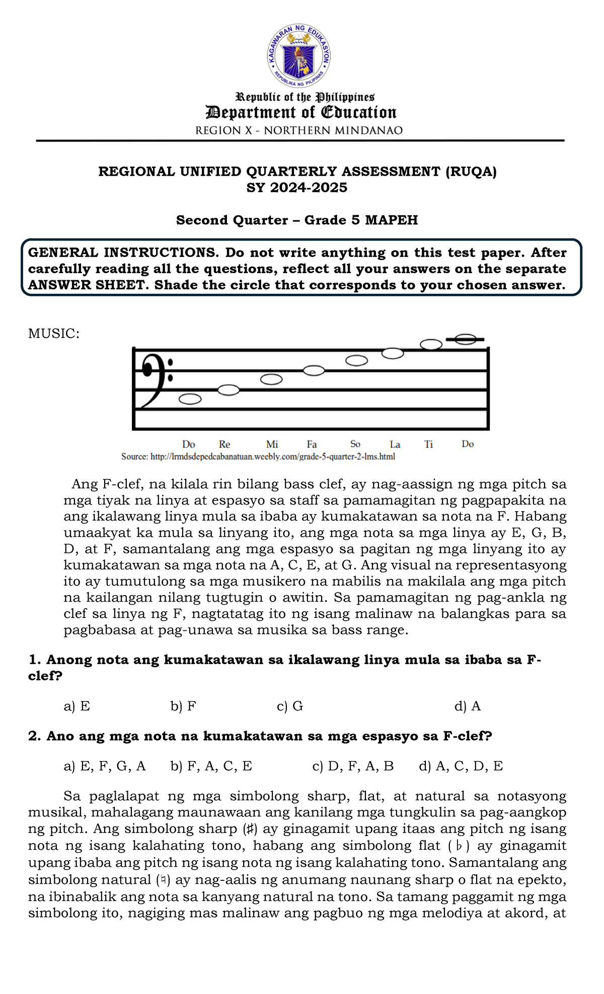 Grade 5 mapeh q2 - REGIONAL UNIFIED QUARTERLY ASSESSMENT (RUQA) SY 2024 ...