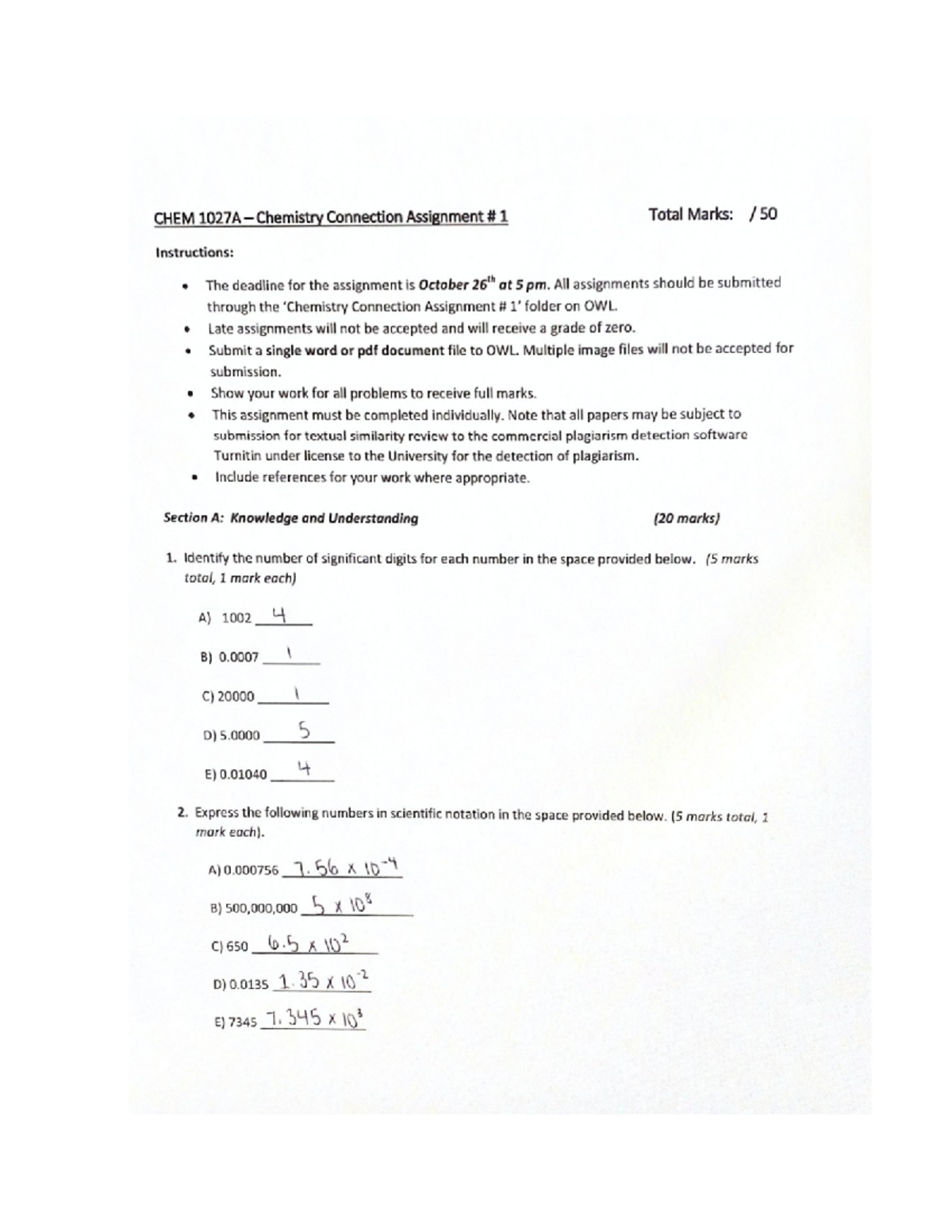 CHEM 1027A Chemistry Connection Assignment 1 - Section C ...