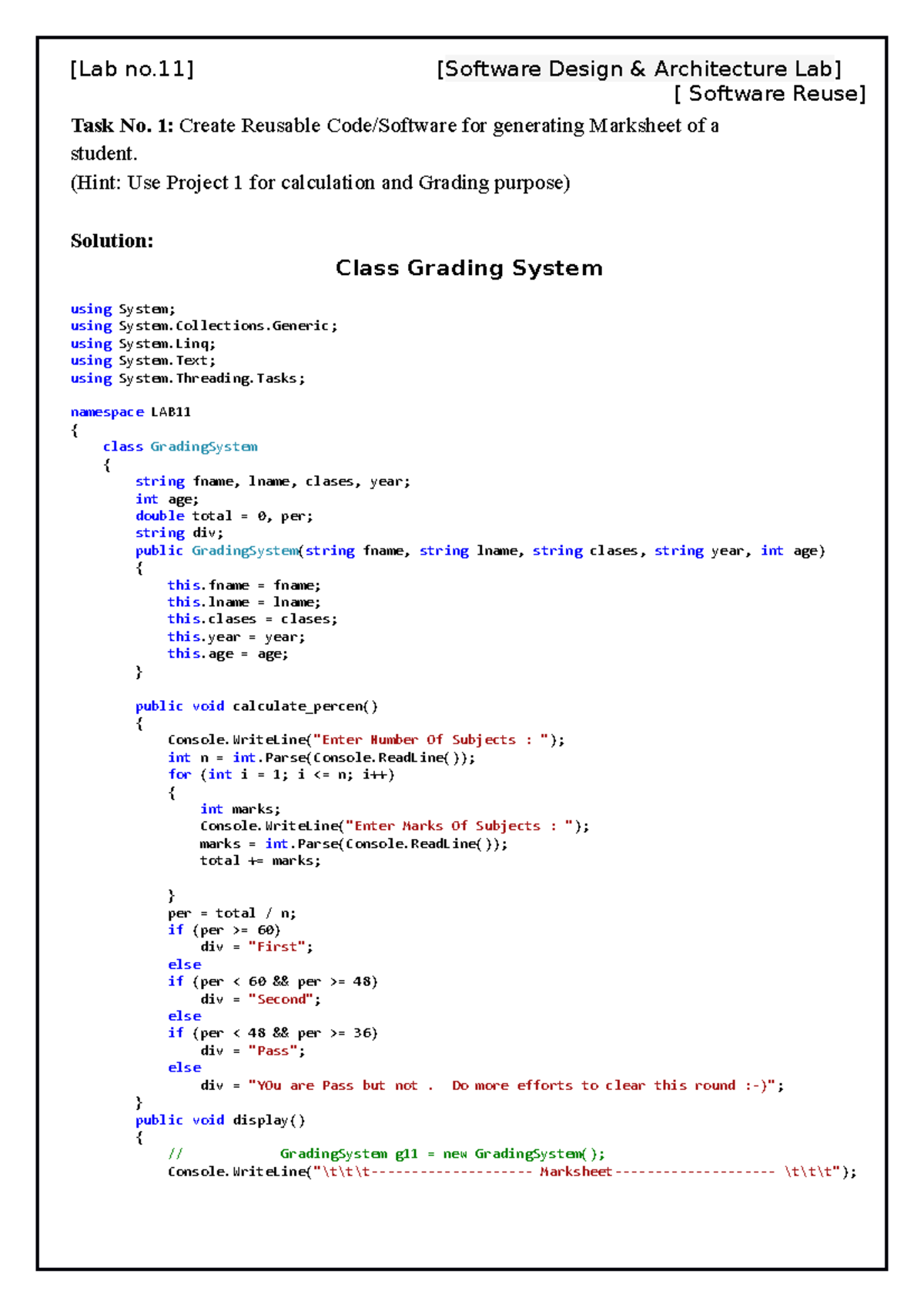Lab 11 Software Reuse Software Reuse Task No 1 Create Reusable Codesoftware For