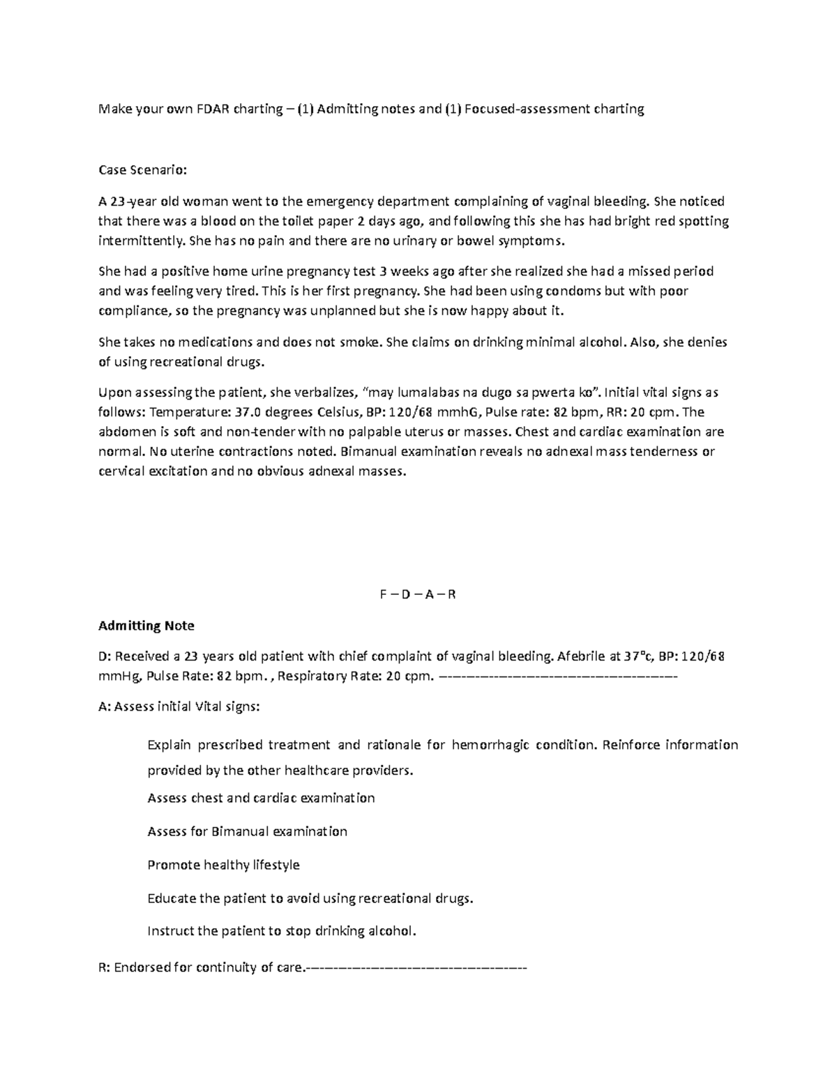 FDAR-Activity - FDAR-Activity - Make your own FDAR charting – (1 ...