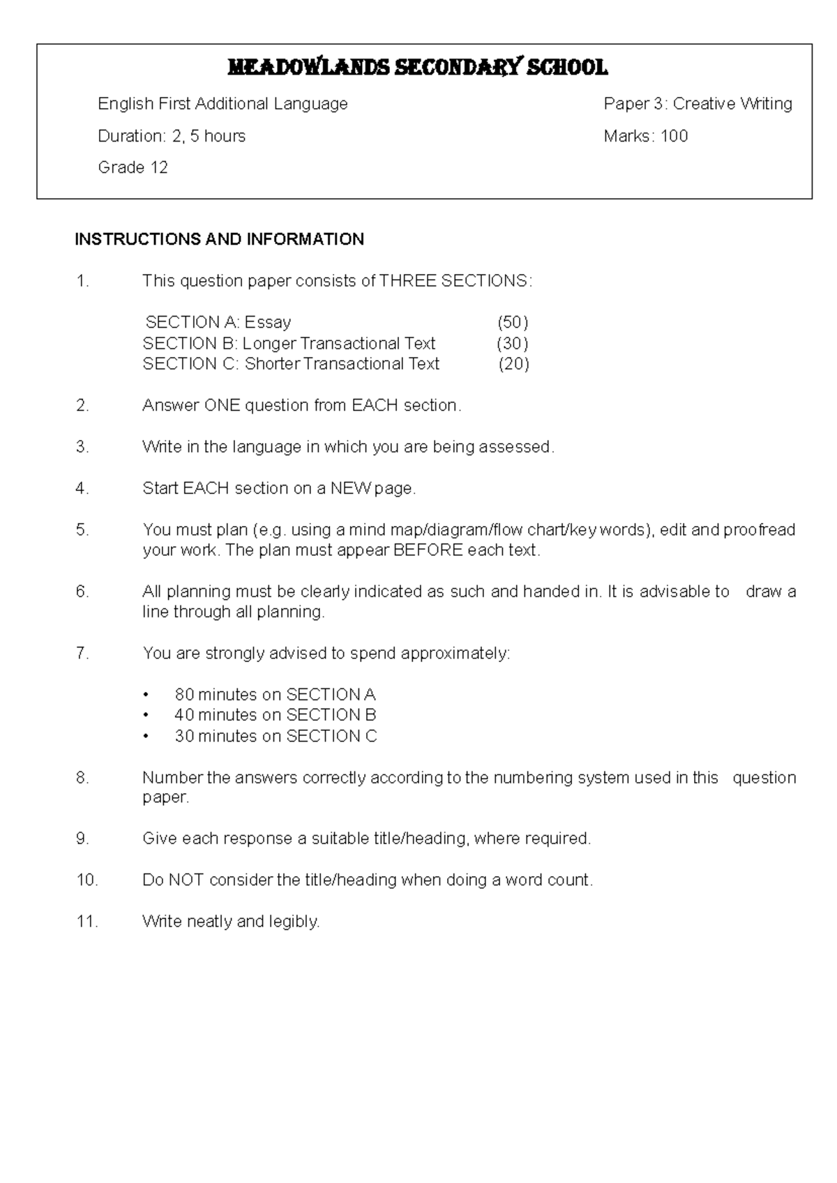 Summaty of efal grade 12 short stories - INSTRUCTIONS AND INFORMATION 1 ...