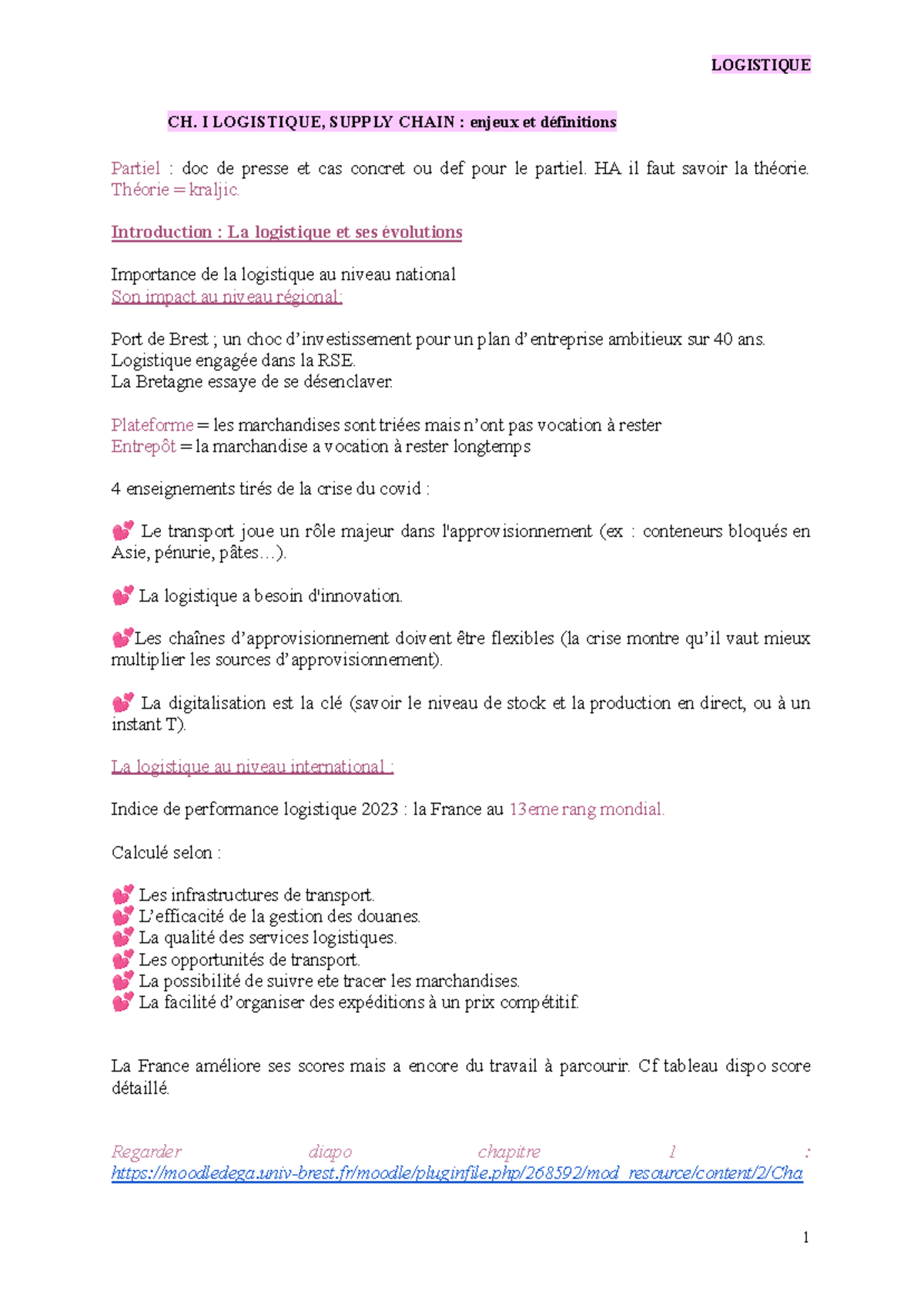 Logistique - Cours complet - CH. I LOGISTIQUE, SUPPLY CHAIN : enjeux et ...