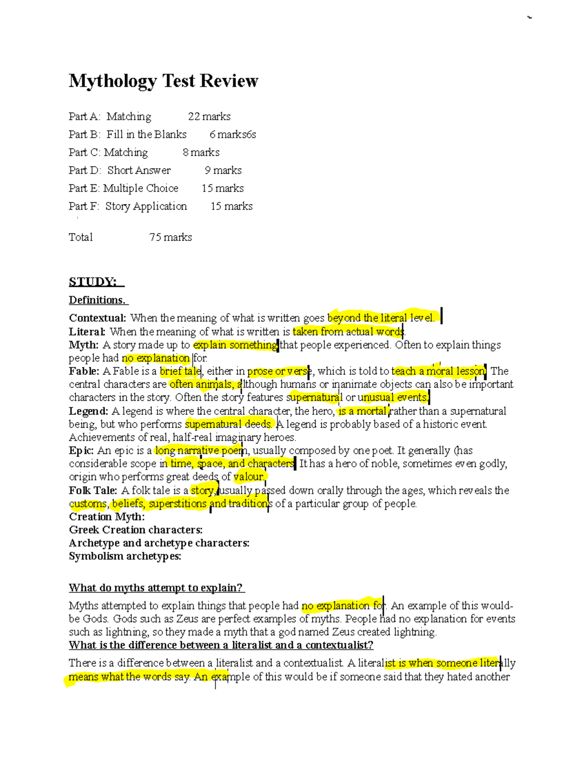 Mythology Test Review for Unit 1 - Mythology Test Review Part A ...