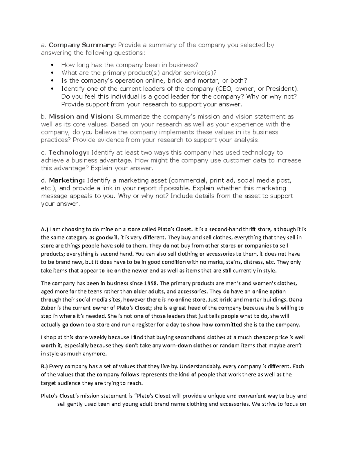 GBS151 Lesson 13 Final Project - a. Company Summary: Provide a summary of the company you ...