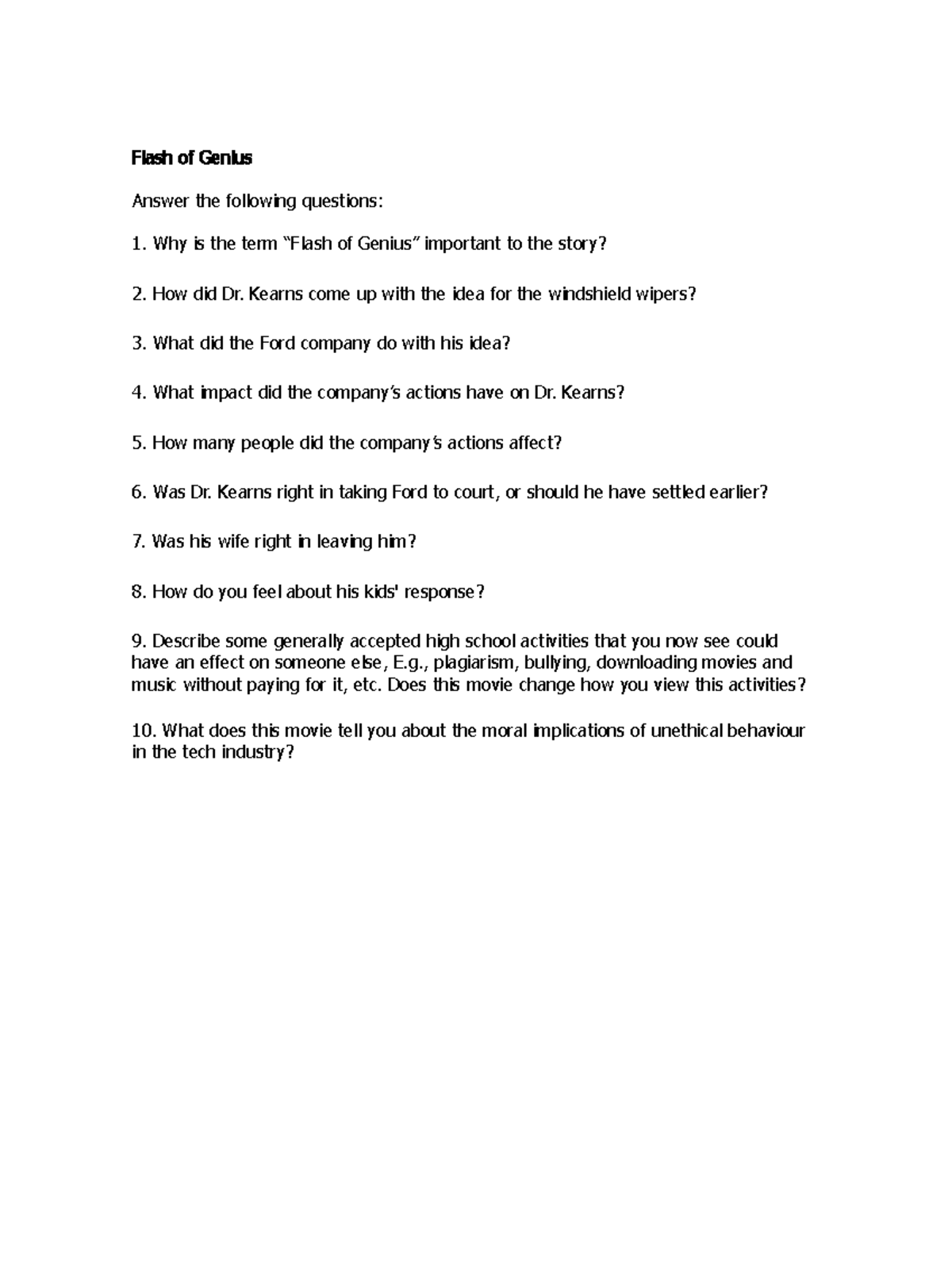 Flash+of+Genius+Questions - Flash of Genius Answer the following ...