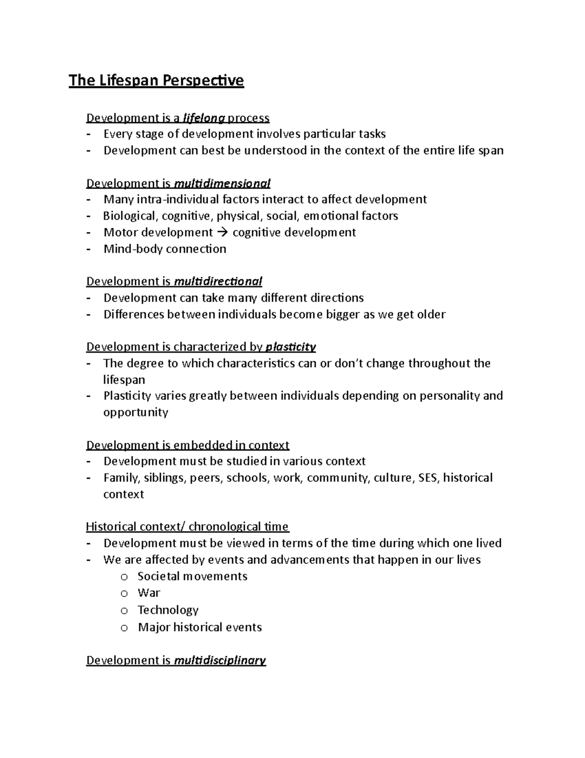 HDFS129 Exam 1 - notes - The Lifespan Perspective Development is a ...