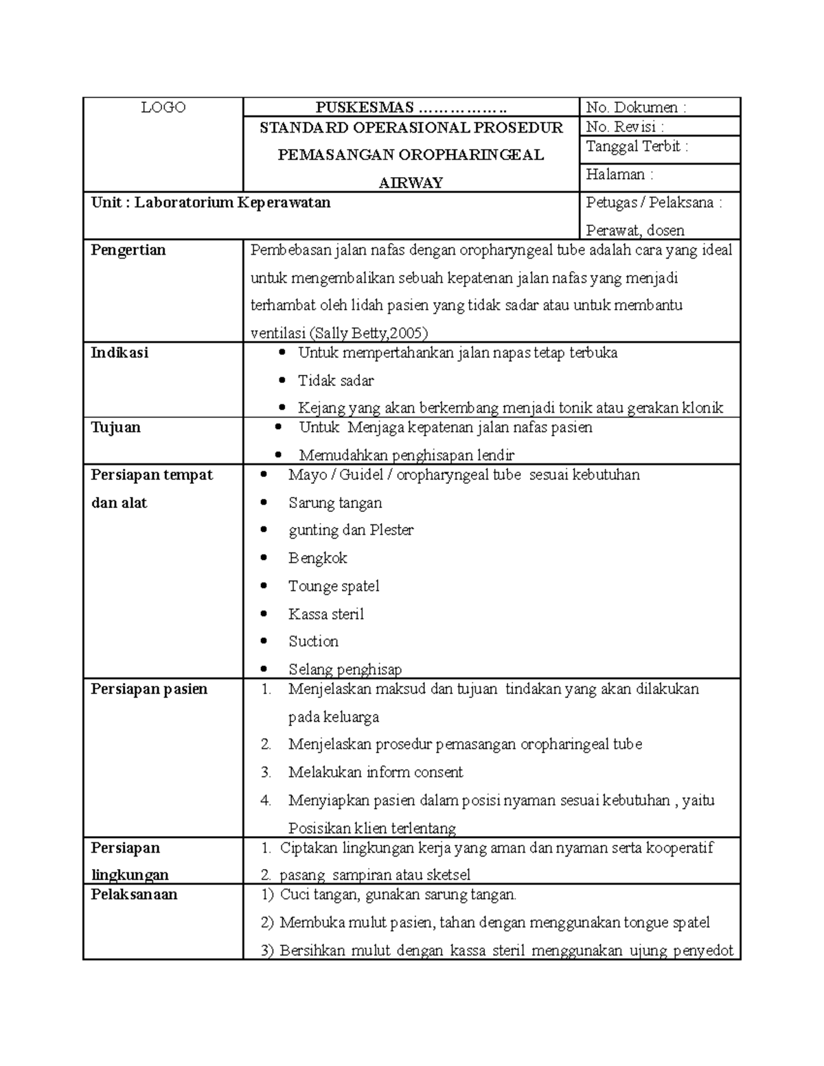 SOP- Pemasangan- Orofaringeal - LOGO PUSKESMAS ................. No ...