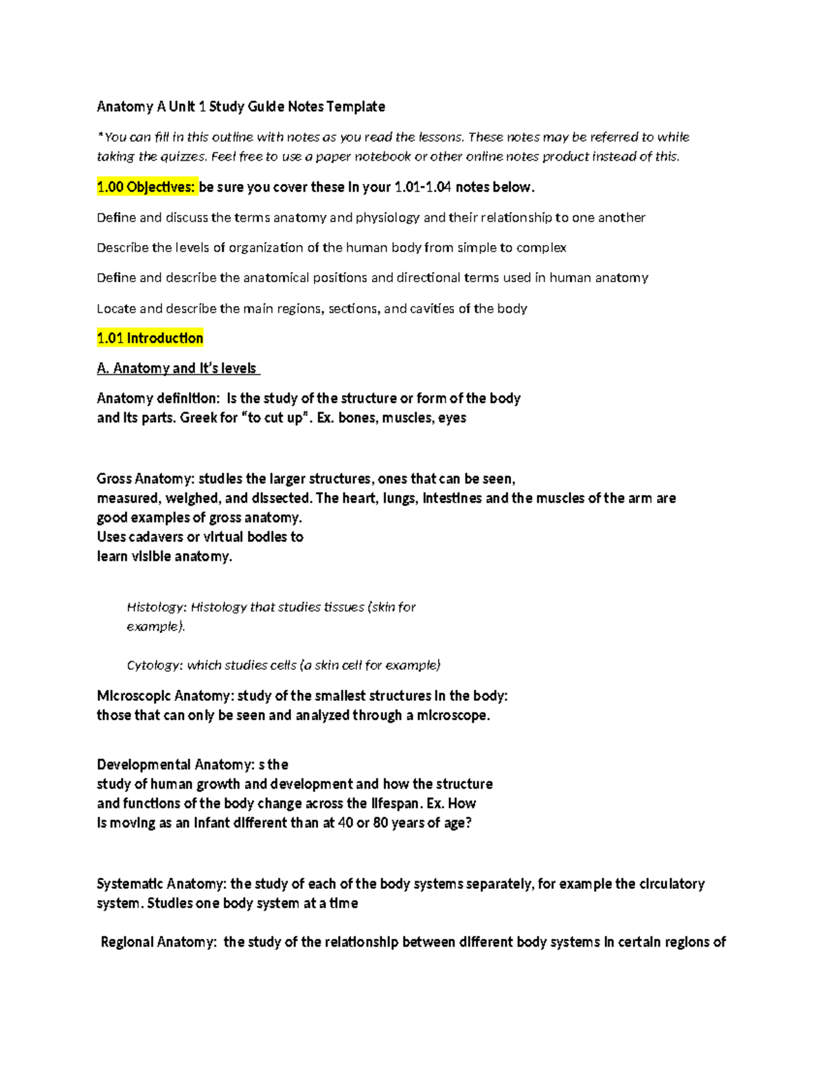 Anatomy A Unit 1 Study Guide Notes - These notes may be referred to ...