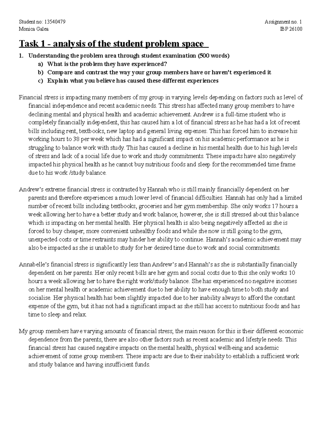 IPB task 1 - First assignment task, analysis of the student problem ...