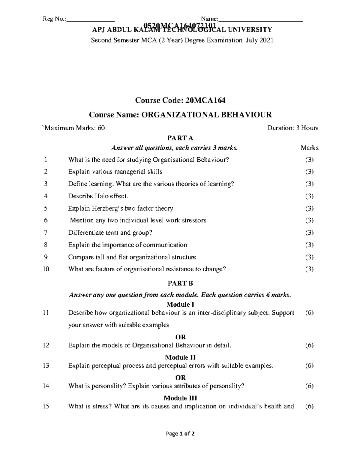 20MCA164-QP - APJ Abdul Kalam Technological University MCA - 0520MCA ...
