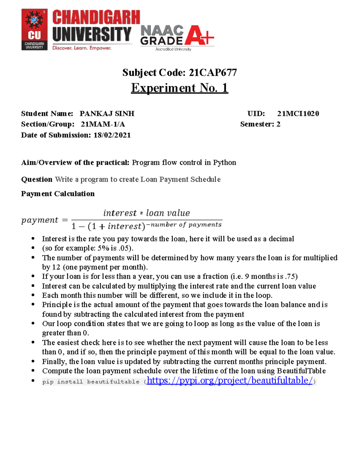 Worksheet 1 AL Based Tool - Subject Code: 21CAP Experiment No. 1 Student Name: PANKAJ SINH UID ...