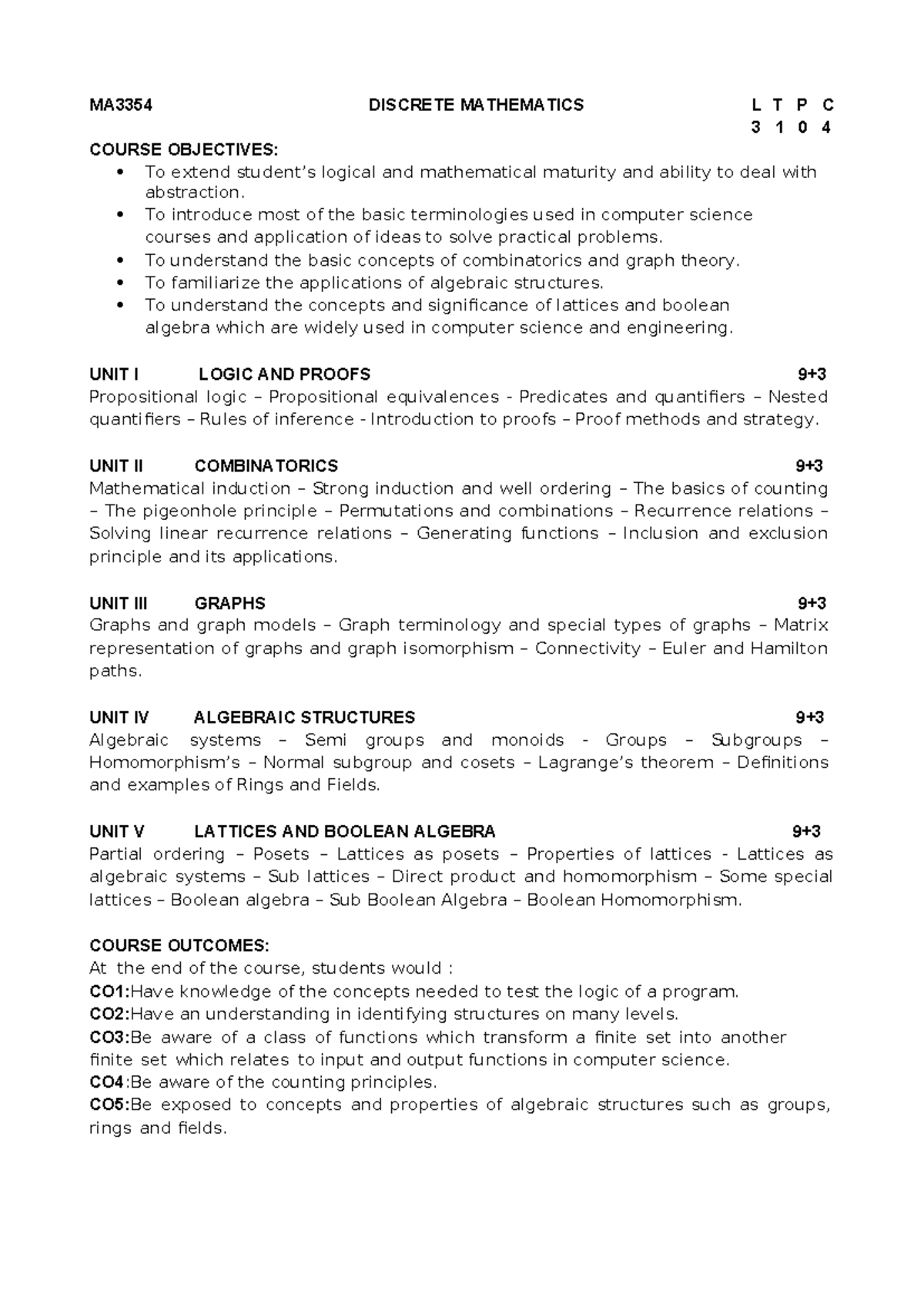 Sem-3 - pratical - MA3354 DISCRETE MATHEMATICS L T P C 3 1 0 4 COURSE ...
