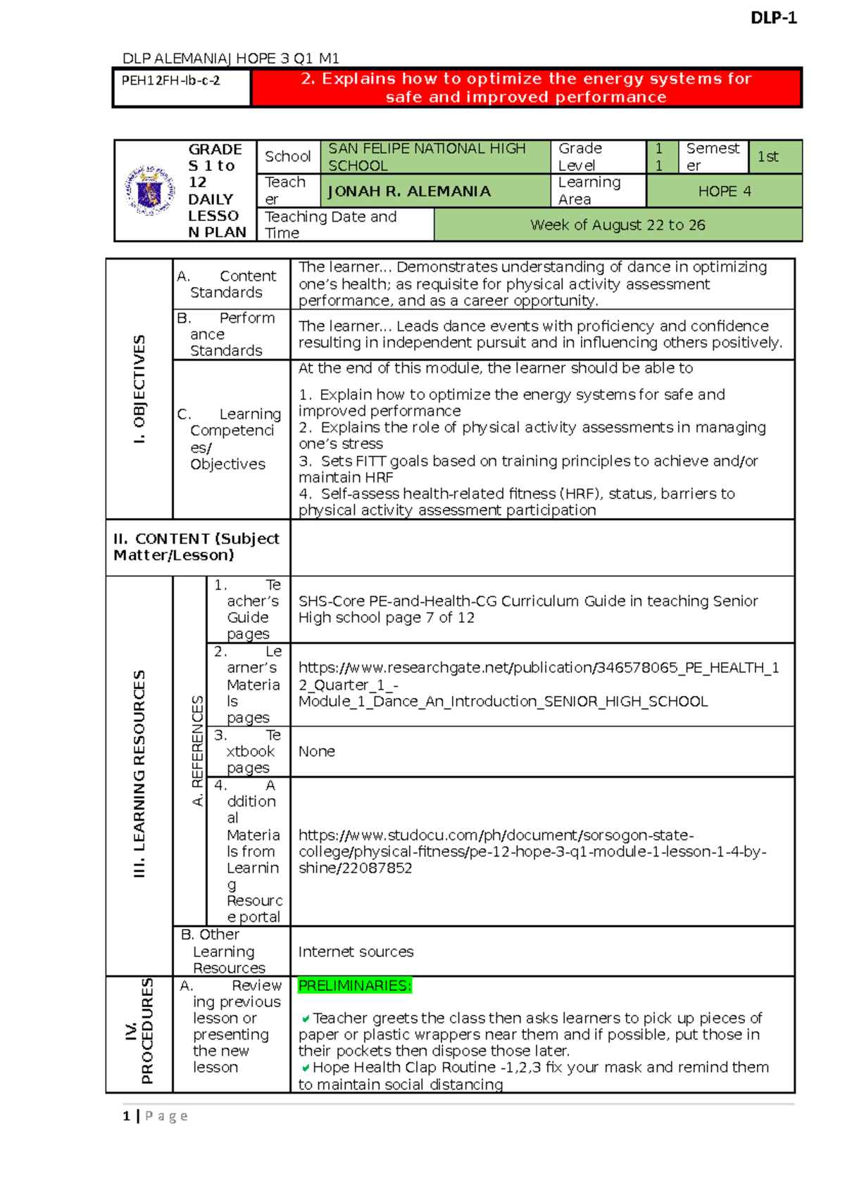 1. HOPE3-1ST SEM-Q1-WEEK 3 B - DLP ALEMANIAJ HOPE 3 Q1 M PEH12FH-Ib-c-2 ...