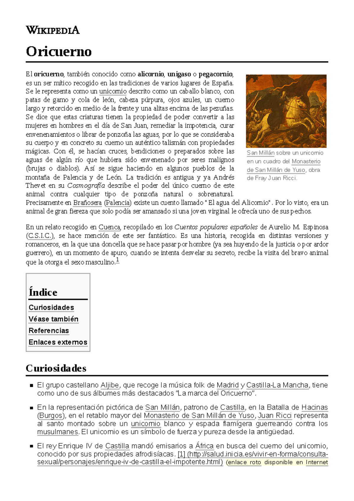 Oricuerno - tarea - San Millán sobre un unicornio en un cuadro del ...