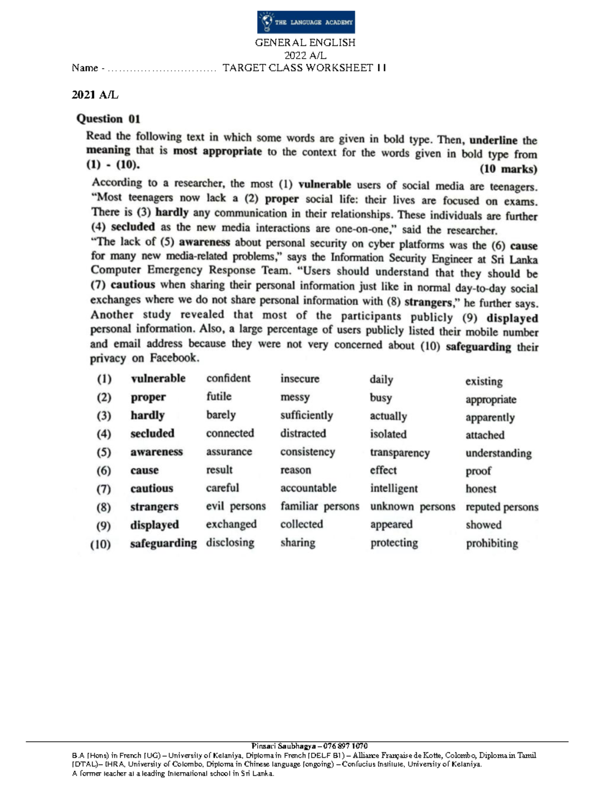 GE Target Class Worksheet 11 - GENERAL ENGLISH 2022 A/L Name