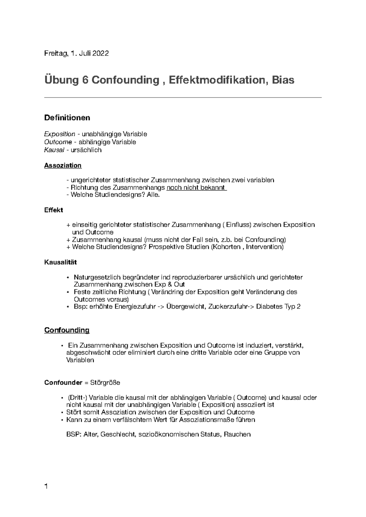 Confounding, Effektmodifikation, Bias Zusammenfassung - Freitag, 1. Juli 2022 Übung 6 ...