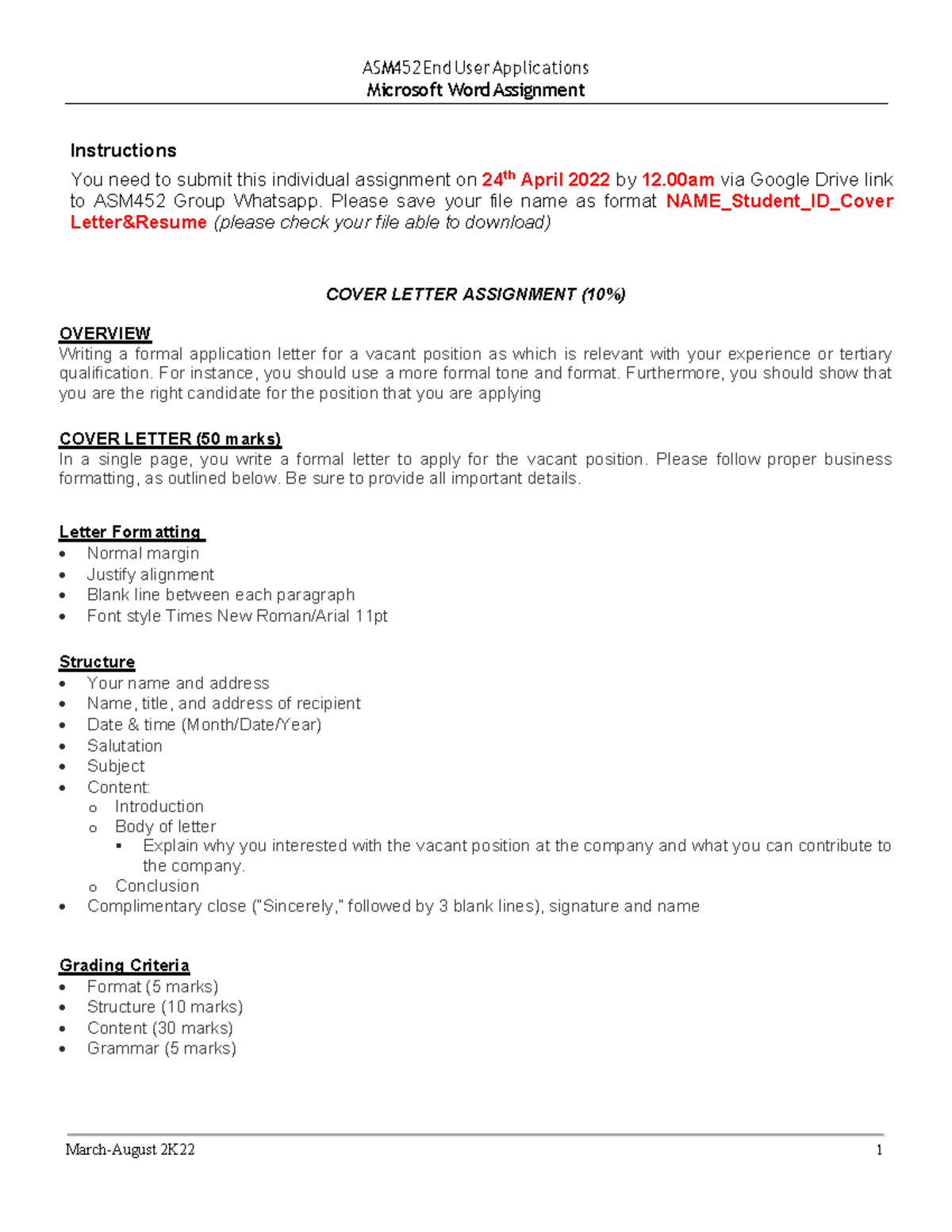 Individual Assignment ASM452 March-August 2022 - ASM452 End User Applications Microsoft Word ...