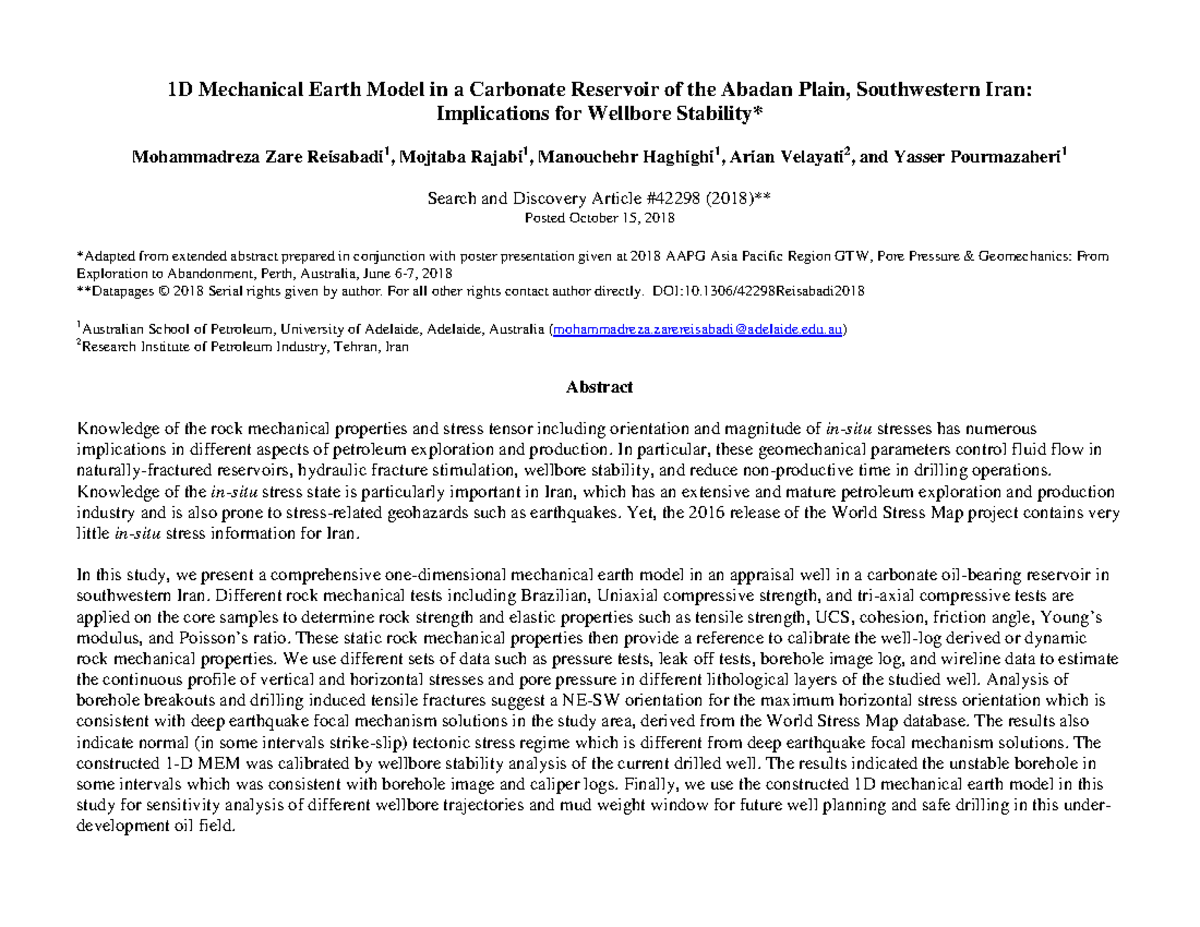 Arian MEM - Frac - 1D Mechanical Earth Model in a Carbonate Reservoir ...
