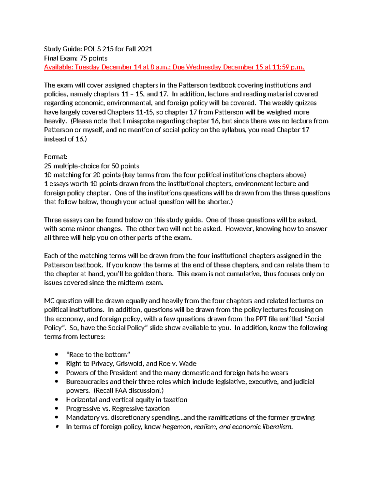 Study Guide Final Exam 215 Fall 2021 - Study Guide: POL S 215 for Fall ...