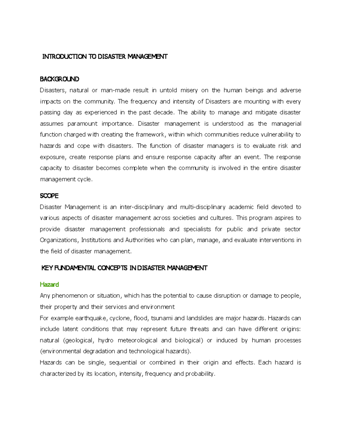 Disaster Management Notes ,2019 - INTRODUCTION TO DISASTER MANAGEMENT ...