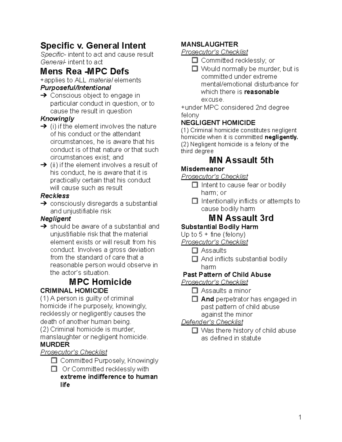 Attack Outline Crim Chan S23 - Specific v. General Intent Specific ...