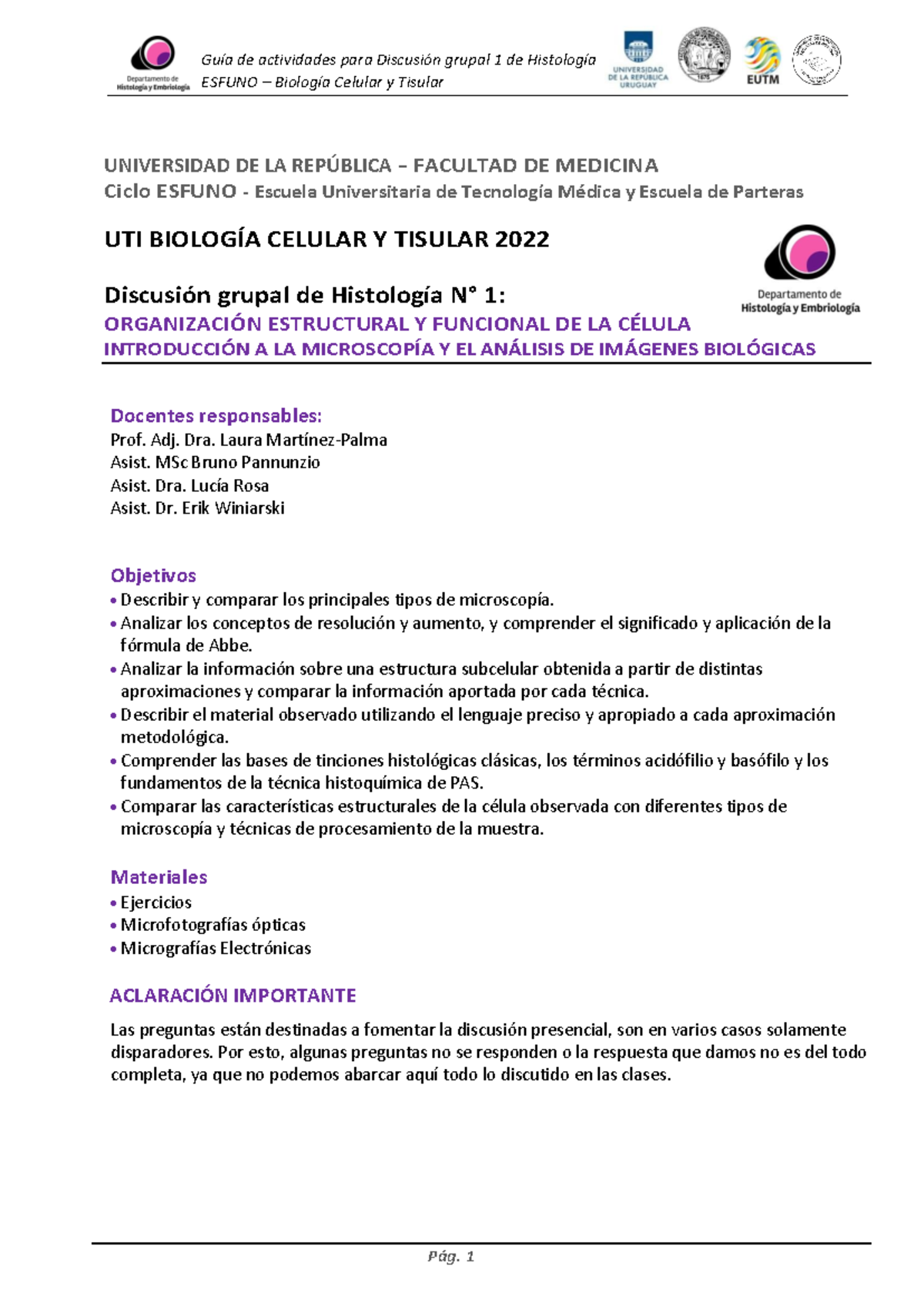 Discusión grupal Histología 1 Respuestas - ESFUNO – Biología Celular y ...