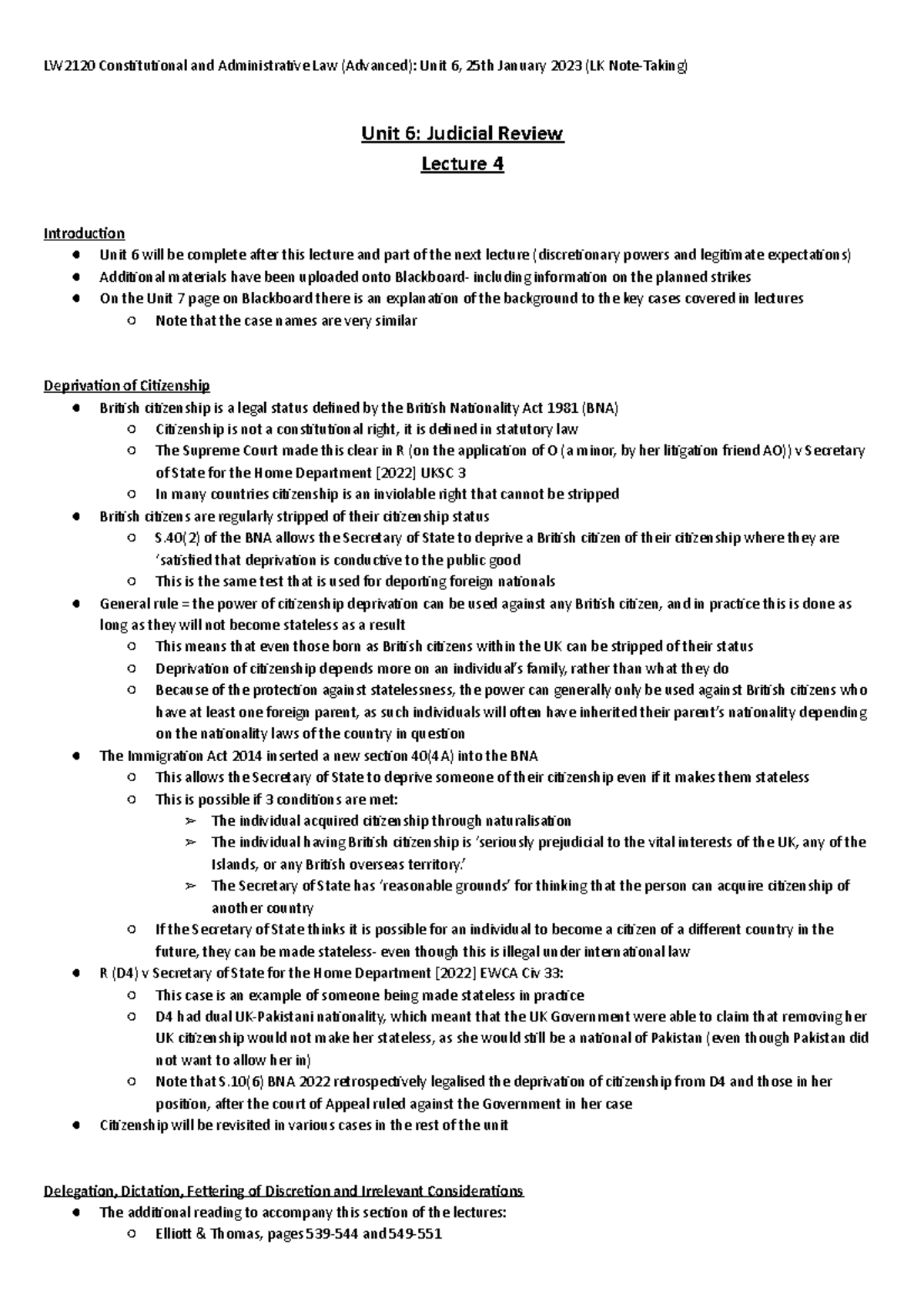 Unit 6 Judicial Review Lecture 4 - ’ The Secretary of State has ...