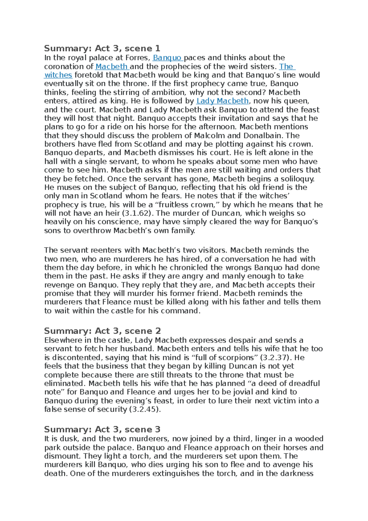 Macbeth Summary act 3 - Summary: Act 3, scene 1 In the royal palace at ...