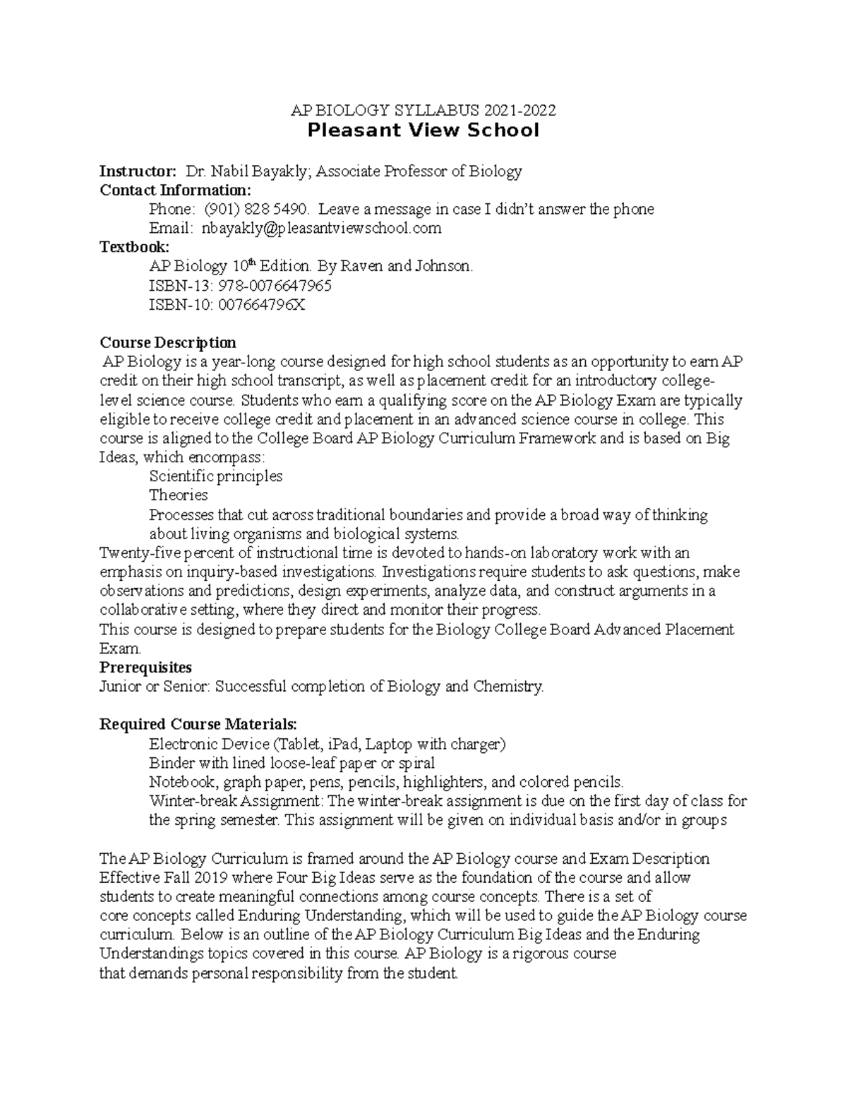 AP Biology Syllabus 2021 - AP BIOLOGY SYLLABUS 2021- Pleasant View ...