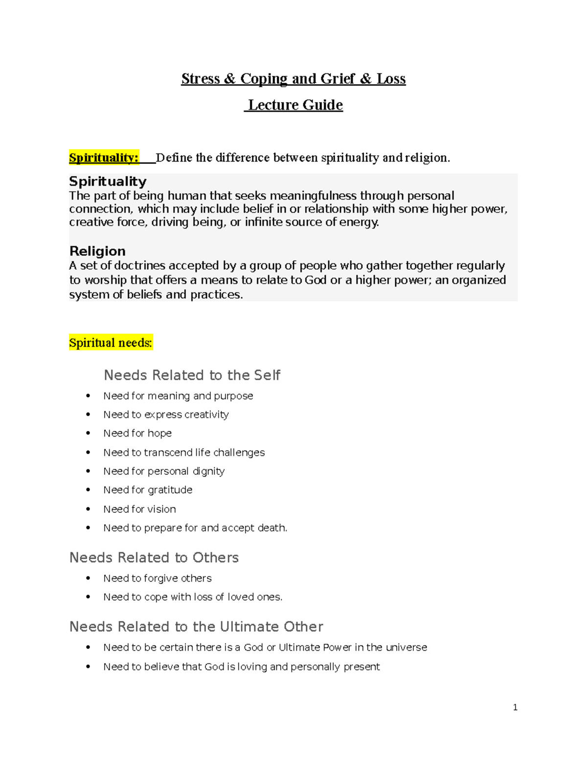 Stress & Coping and Grief & Loss lecture guide-1 - Stress & Coping and ...