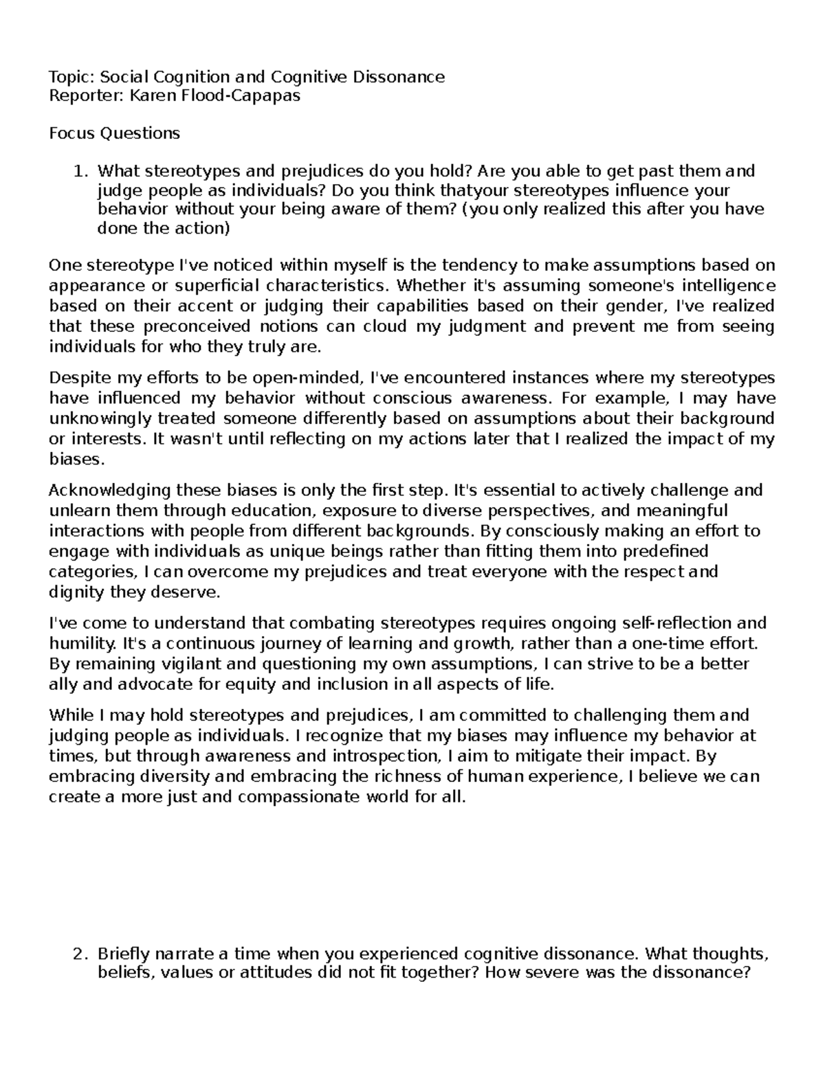 Social Cognitive and Cognitive Dissonance 1 - Topic: Social Cognition ...