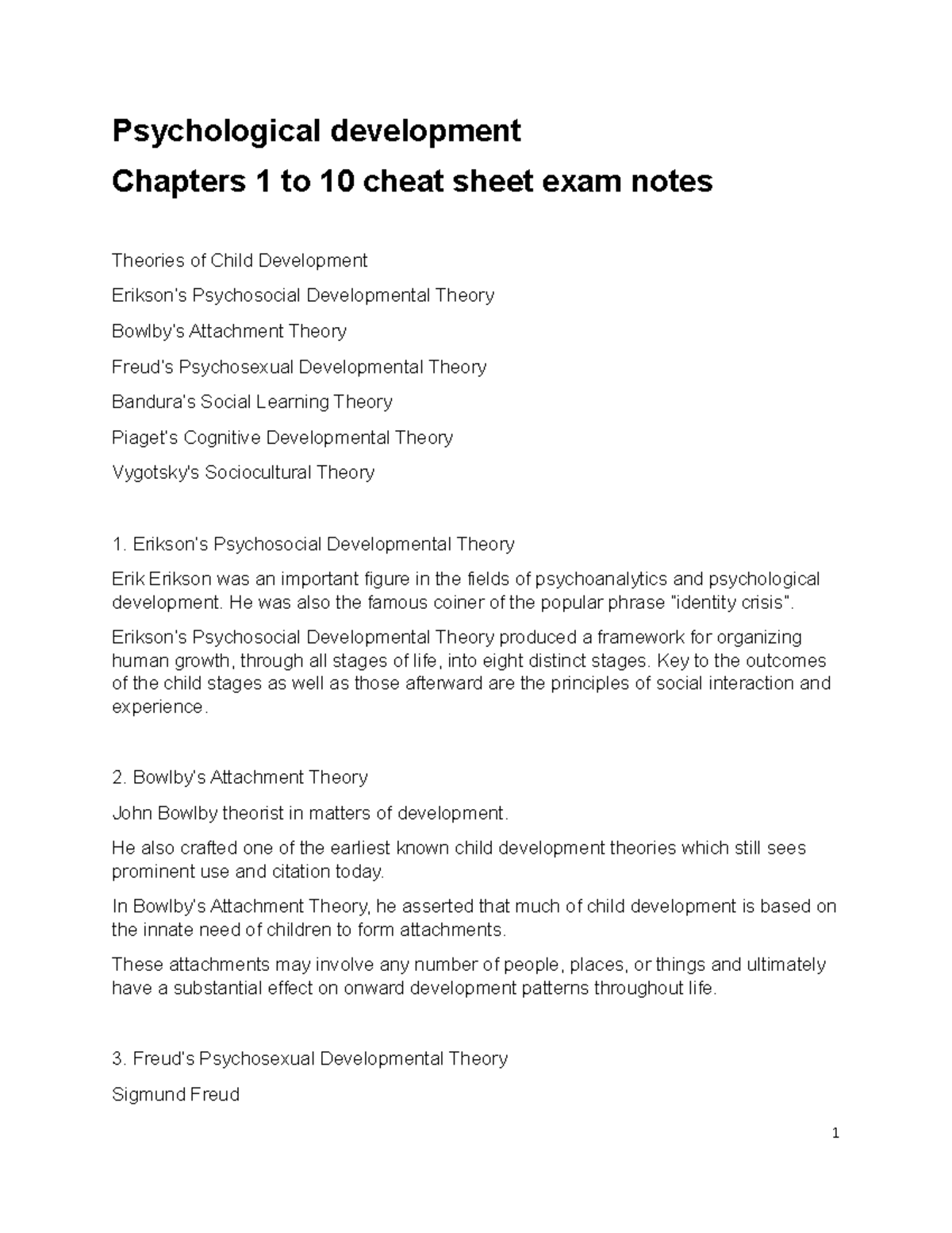 Psycological development 1 to 10 cheat sheet - Psychological ...