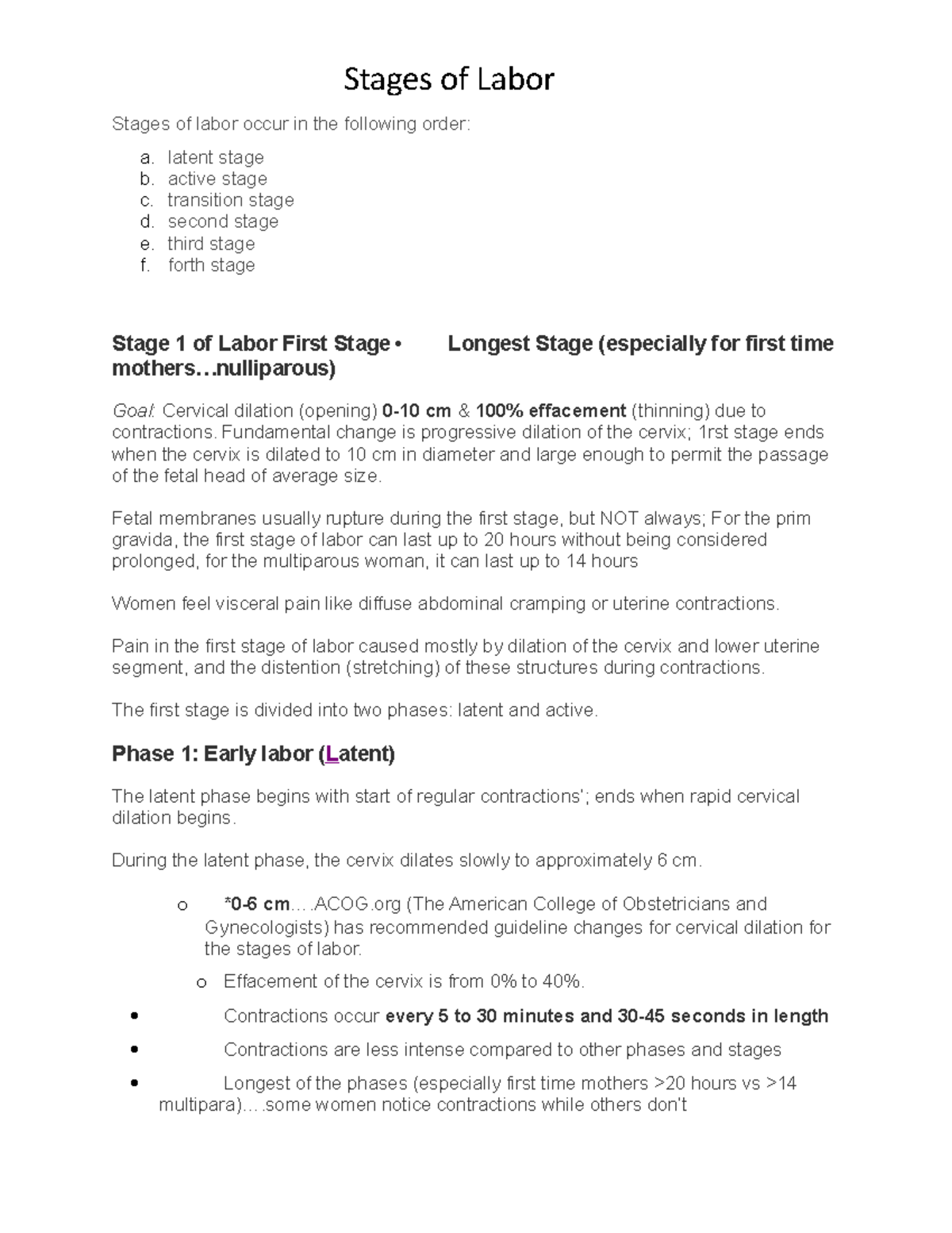 Stages of Labor - Lecture notes 1 - Stages of labor occur in the ...